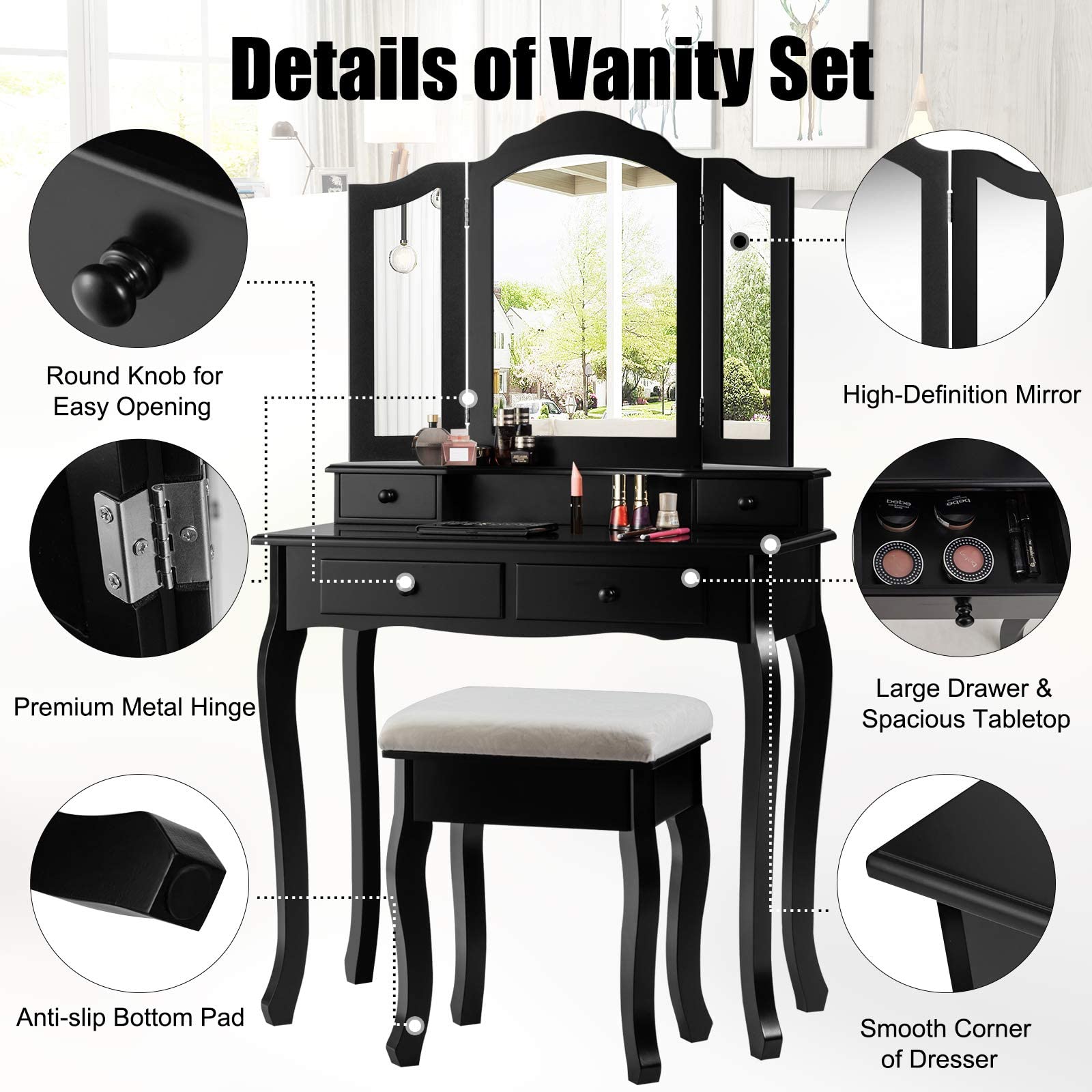 MAT EXPERT Vanity Desk Set with Mirror and Drawer, Dressing Table w/Cushioned Stool, Dressing Table w/4 Drawers, Modern Tri-Folding Mirror Vanities for Washroom/Bedroom/Nursery Room (Black)