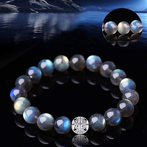 Natural 8mm Gorgeous Men Women Semi-Precious Gemstones Healing Crystal Stretch Beaded Bracelet Unisex Bangle with 925 Sterling Silver Double Happiness Pendant (Labradorite)