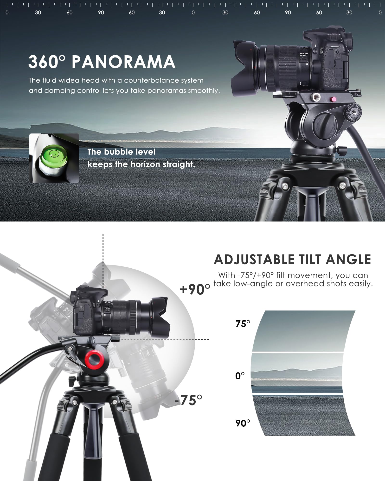 miliboo Heavy Duty Video Tripod,Aluminum Tripod for Camera, Professional Shooting Tripod with Fluid Head,MaxLoad 22lbs (MTT701A)