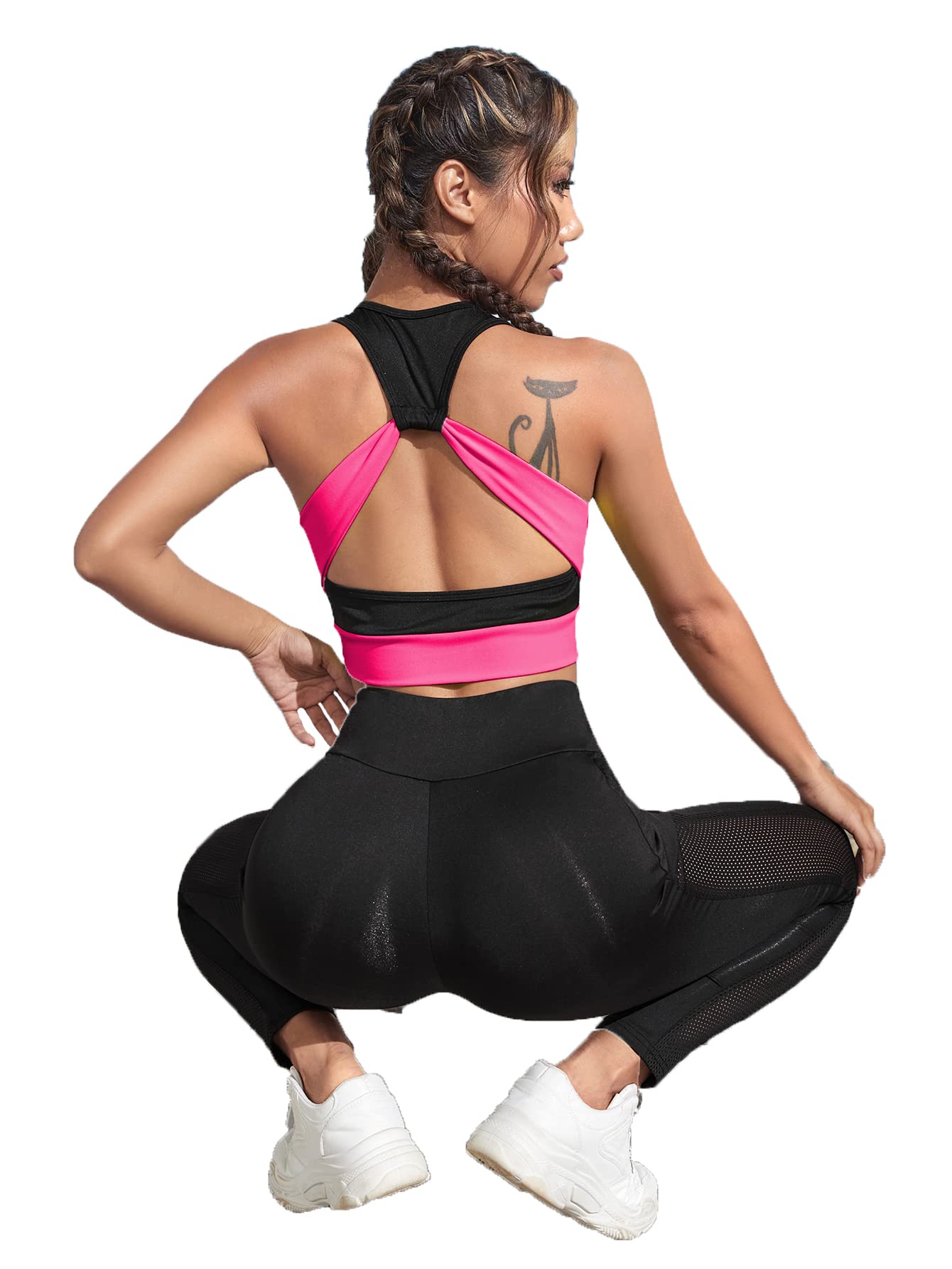 Verdusa Women's Color Block Cut Out Back High Support Workout Yoga Sport Bra Black Hot Pink S