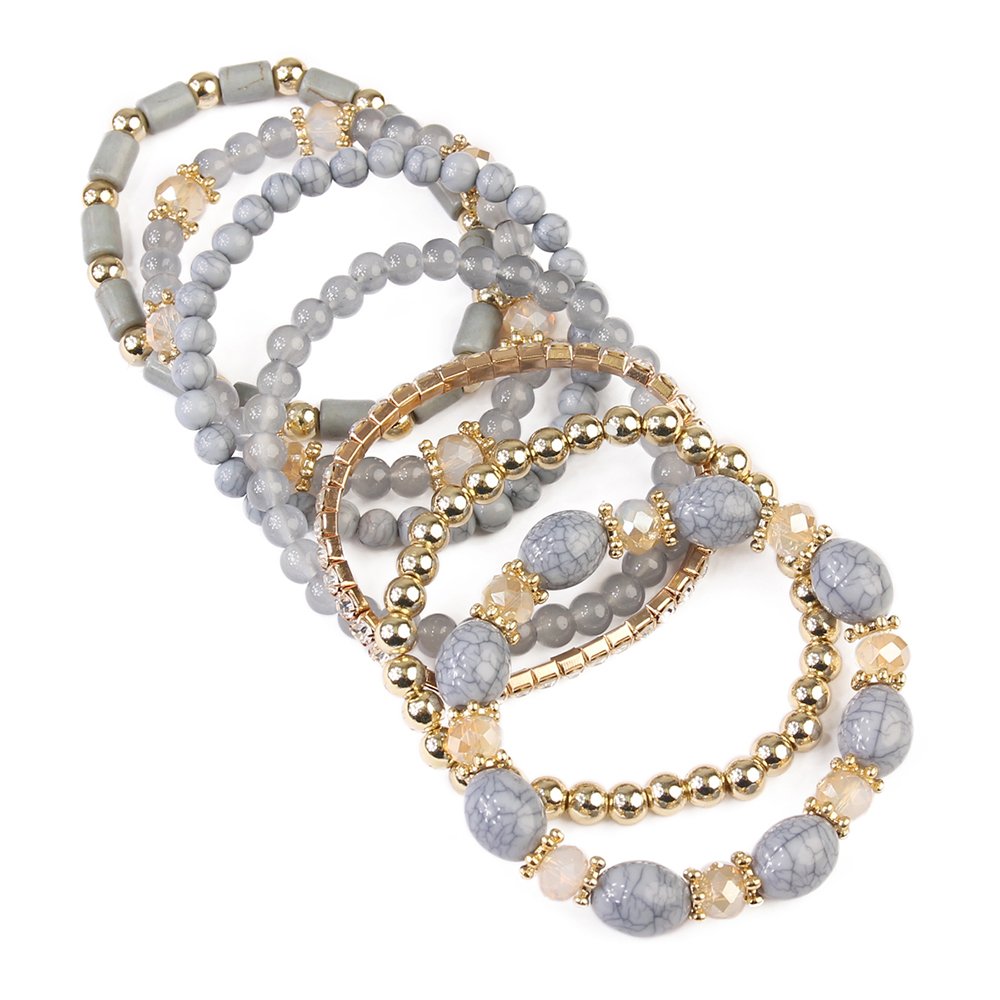 Multi Strand Bead Layering Statement Bracelets - Colorful Beaded Stretch Bangles, Heart/Leaf/Tassel Charm (Bohemian Mix - Gray)