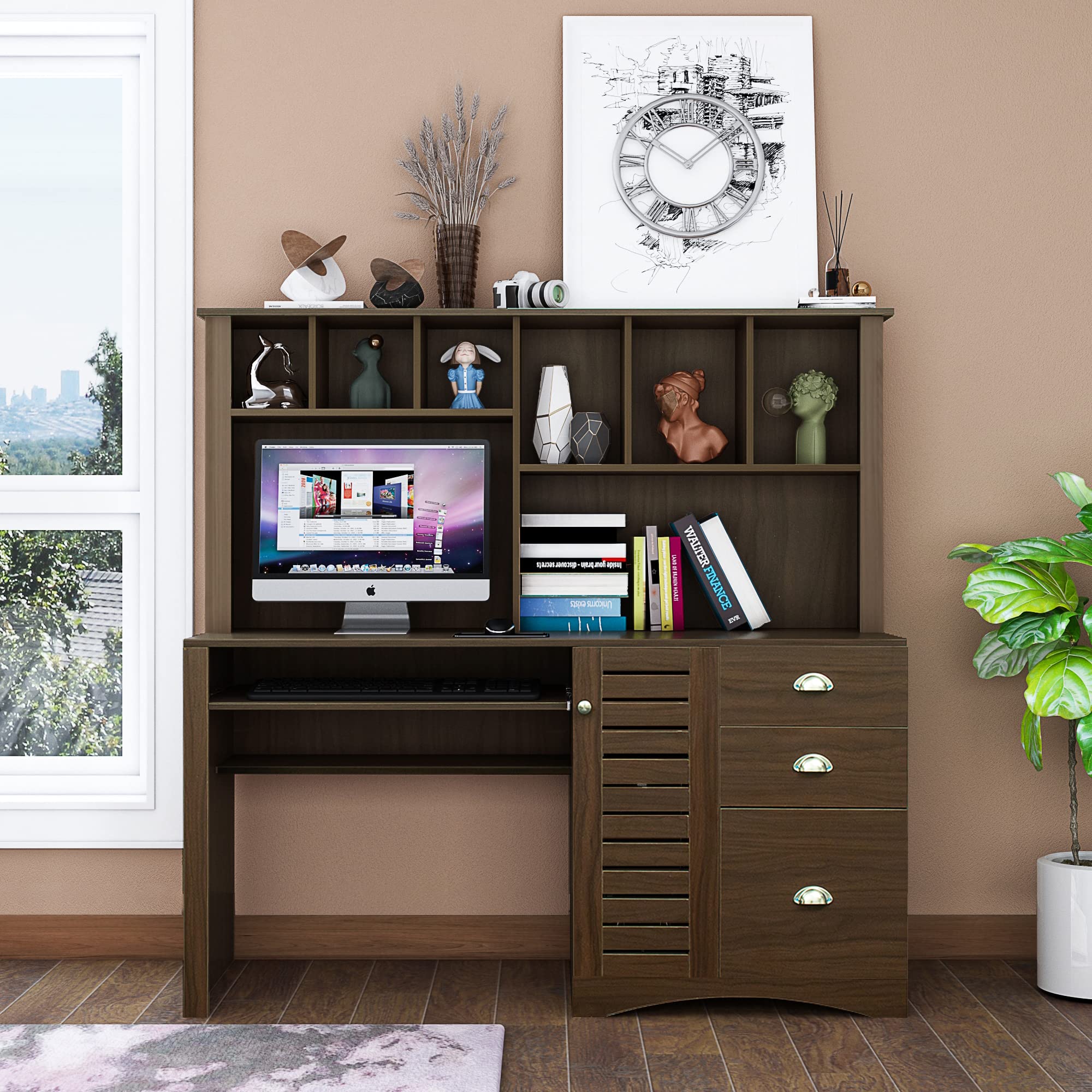 MAXTRAL Computer Desk with Hutch,Home Office Wood Executive Desk with Drawers,Open Shelf,Writing Laptop Table with Keyboard Tray,File Cabinet Computer Desk for Bedroom,Walnut