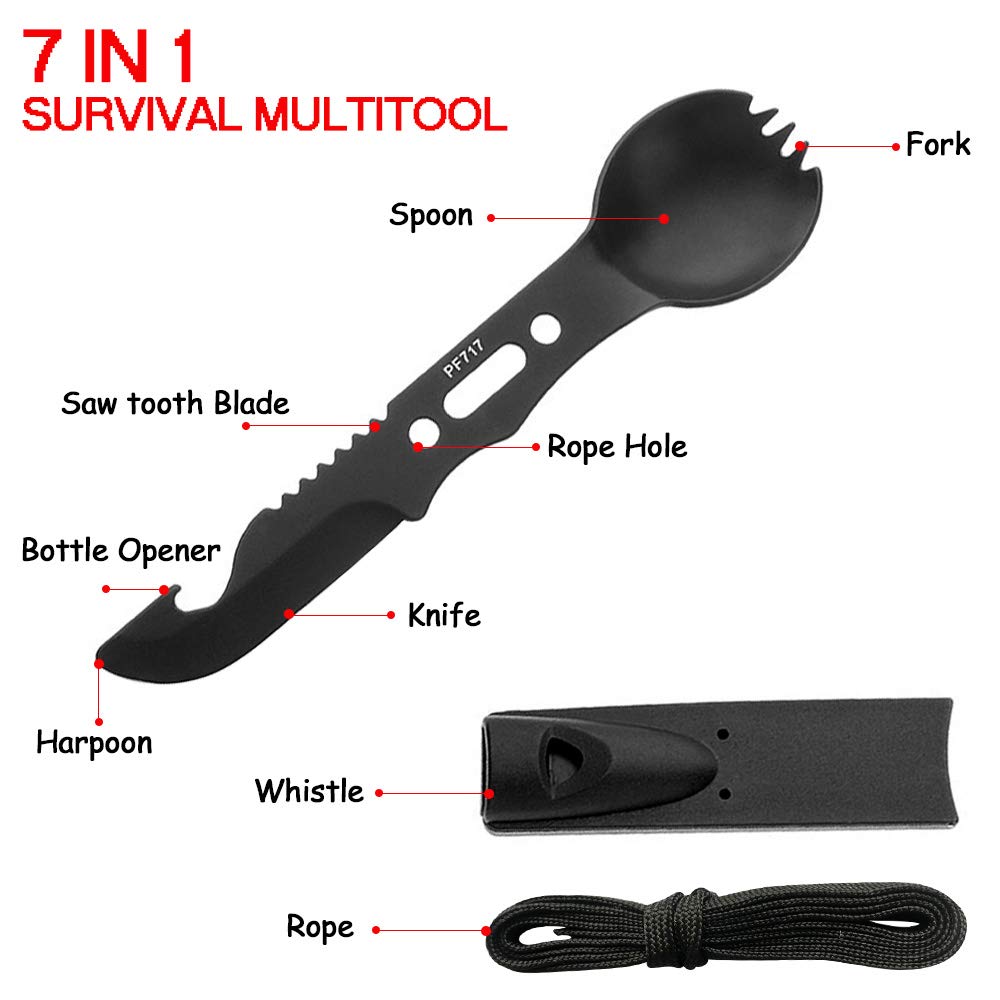 Multi-Function Portable Camping Tool,Stainless Steel Fork Spoon Knife Combo Utensil with Bottle Opener/Emergency Whistle/Saw Tooth Blade/Rope, Survival Multitool for Hiking/Hunting (Black-Black)