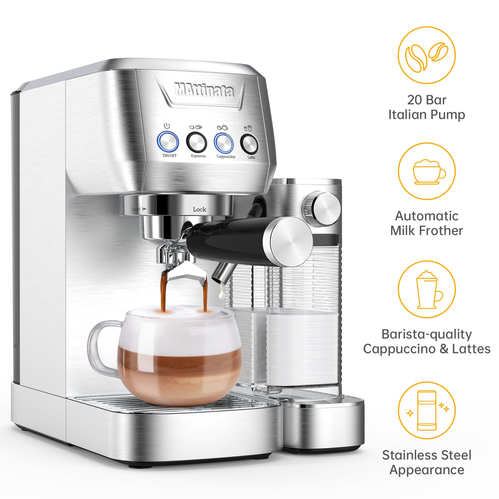 MAttinata Espresso Machine, 20 Bar Cappuccino Machines for Home, Latte Machine with Automatic Milk Frother, Coffee Maker with Dual Wall & ESE Filters