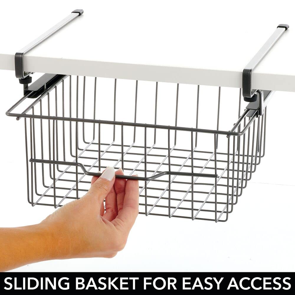 mDesign Compact Hanging Pullout Drawer Basket - Sliding Under Shelf Storage Organizer - Metal Wire - Attaches to Shelving - Easy Install - for Kitchen, Pantry, Cabinet - White