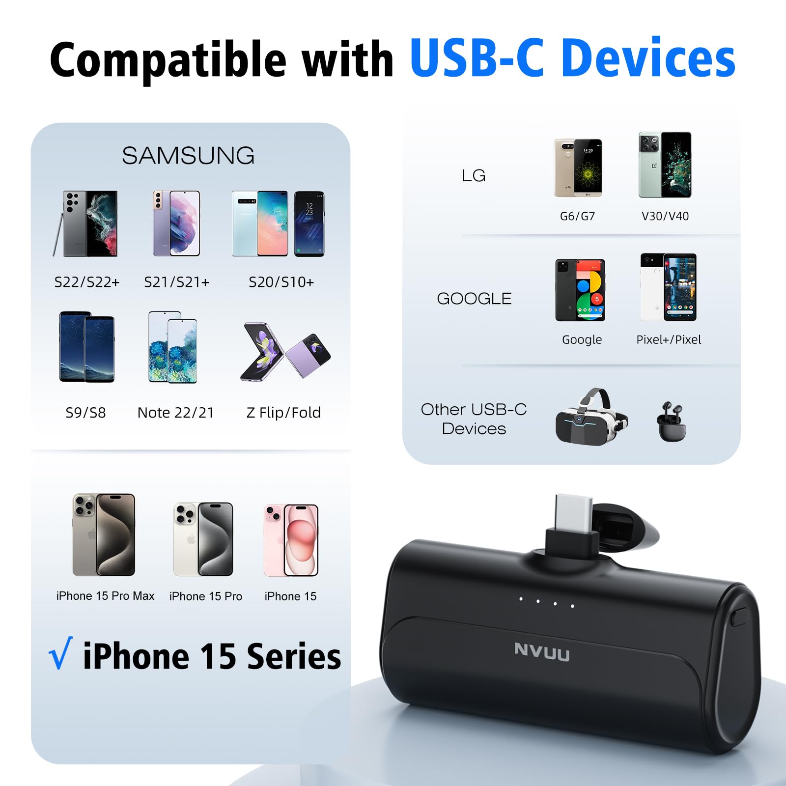 NVUU 2 Packs Portable Charger for iPhone 15 Power Bank 5000mAh,USB C Portable Phone Charger, Battery Pack Charger for iPhone 15 Pro/15 Plus/15 Promax, Samsung Galaxy S21/S20/S10/S9, Huawei Andriod