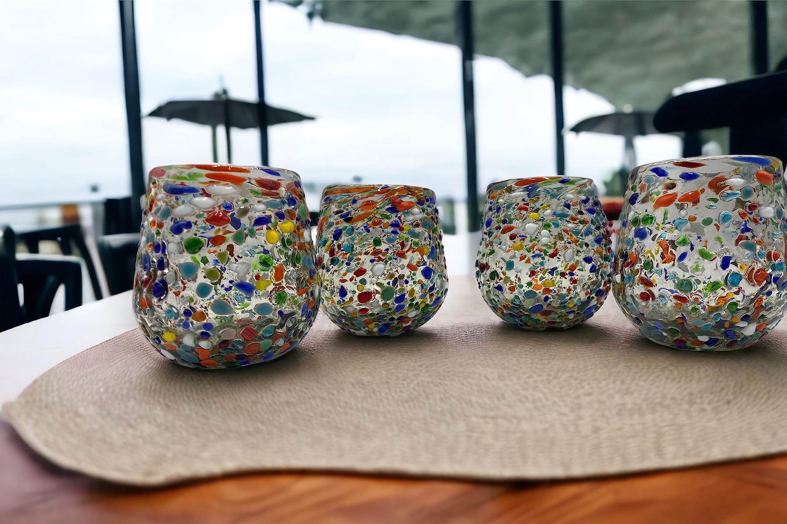 Mexican Confetti Rock Wine Glasses - Set of 2 | Hand Blown 18oz Stemless Glassware