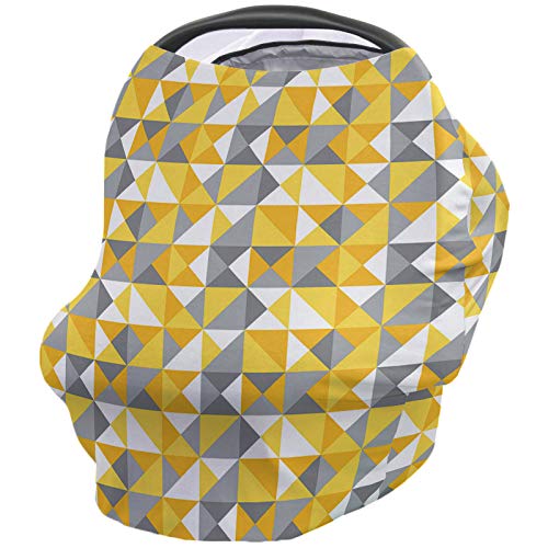 Modern Geometric Nursing Cover for Breastfeeding, Soft Multi Use for Baby Car Seat Covers Canopy Shopping Cart Cover Scarf Stroller Cover, Triangle Pattern Mosaic Design Yellow Grey