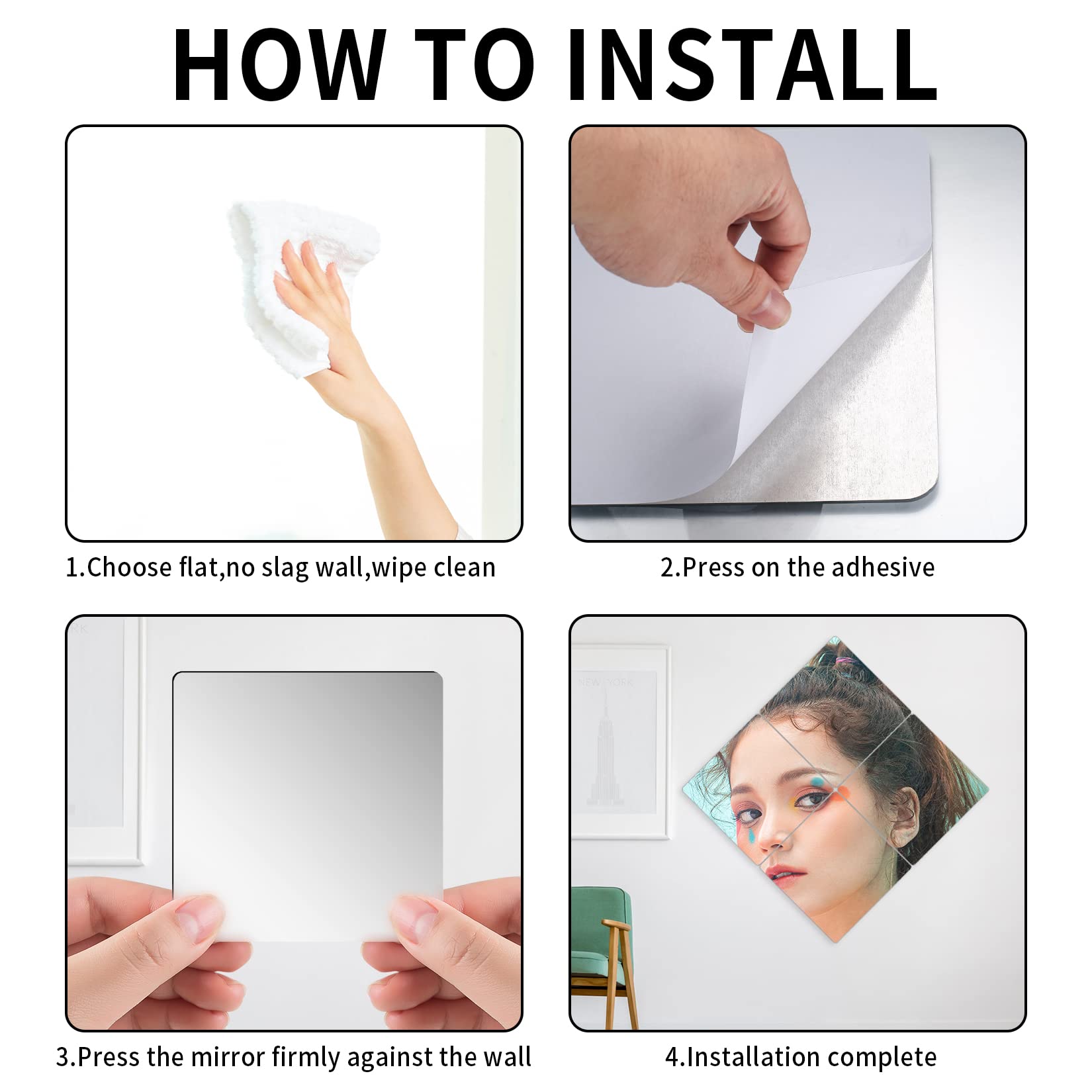 YOUYIDUN 5Pcs Self Adhesive Acrylic Mirror, Wall Mounted, Square, 8 x 8 Inch, Non-Glass Sticky Mirror Tiles for Bathroom Home Decor
