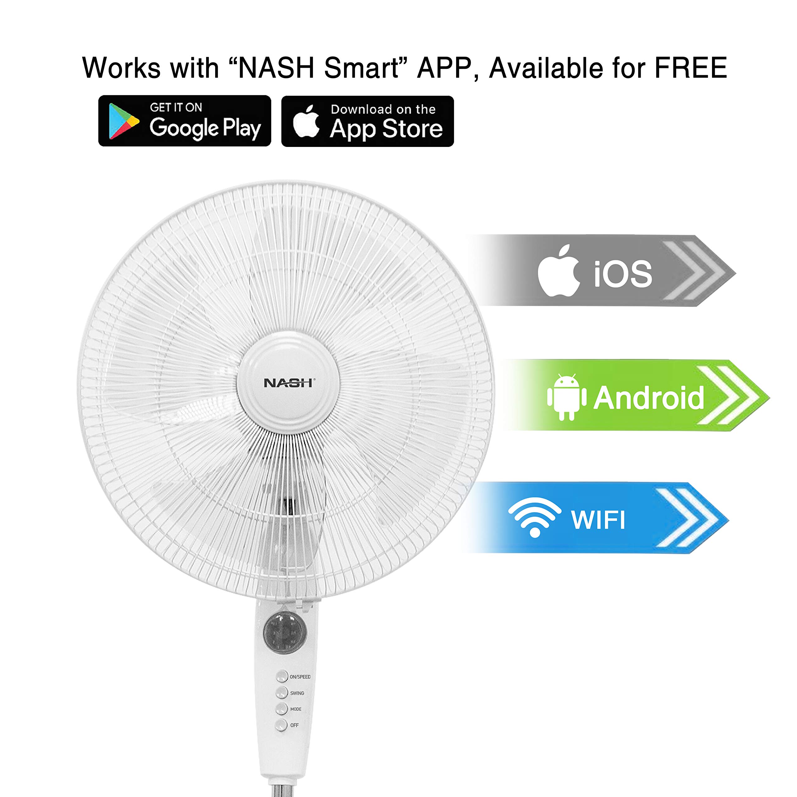 NASH Alexa, Google Home, Siri, WiFi Smart Oscillating Pedestal Fan w/Voice & App Control | 16” Quiet Stand Up Fan, Adjustable Height, WiFi App Programmable for 3 Speeds, 3 Modes, Timer PF-1 CoolSmart