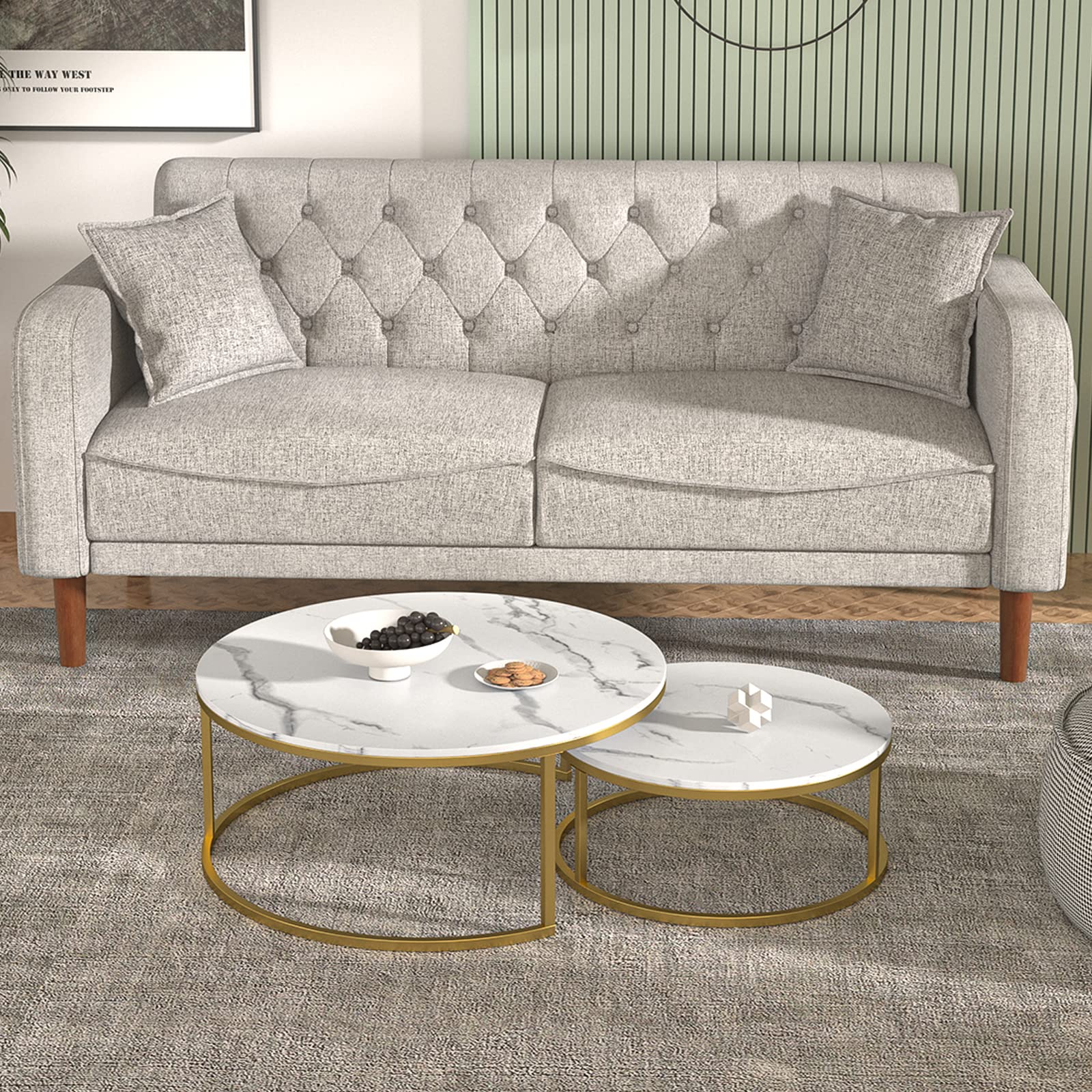 Modern Nesting Coffee Table, Marble Look Sofa Side Nest of Tables Round End Tables, Set of 2, Golden Color Frame with Wood Top- 32β& 24β Table Set