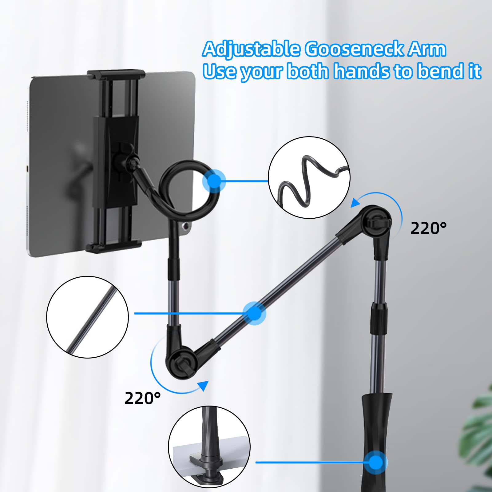 WAFCHHNL Phone Stand, Tablet Holder, with Gooseneck Flexible & Hard Arm Bracket, Fits iPad Pro 12.9-11