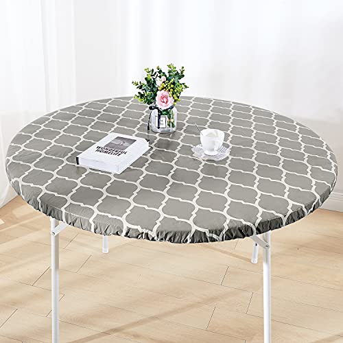 Zhuqing Heavy Duty Vinyl Round Fitted Tablecloth, Gray Moroccan Design, Spillproof Waterproof Elastic Table Cover with Flannel Backed Lining, Fits 40" to 44" Round Table,for Indoor/Outdoor Use