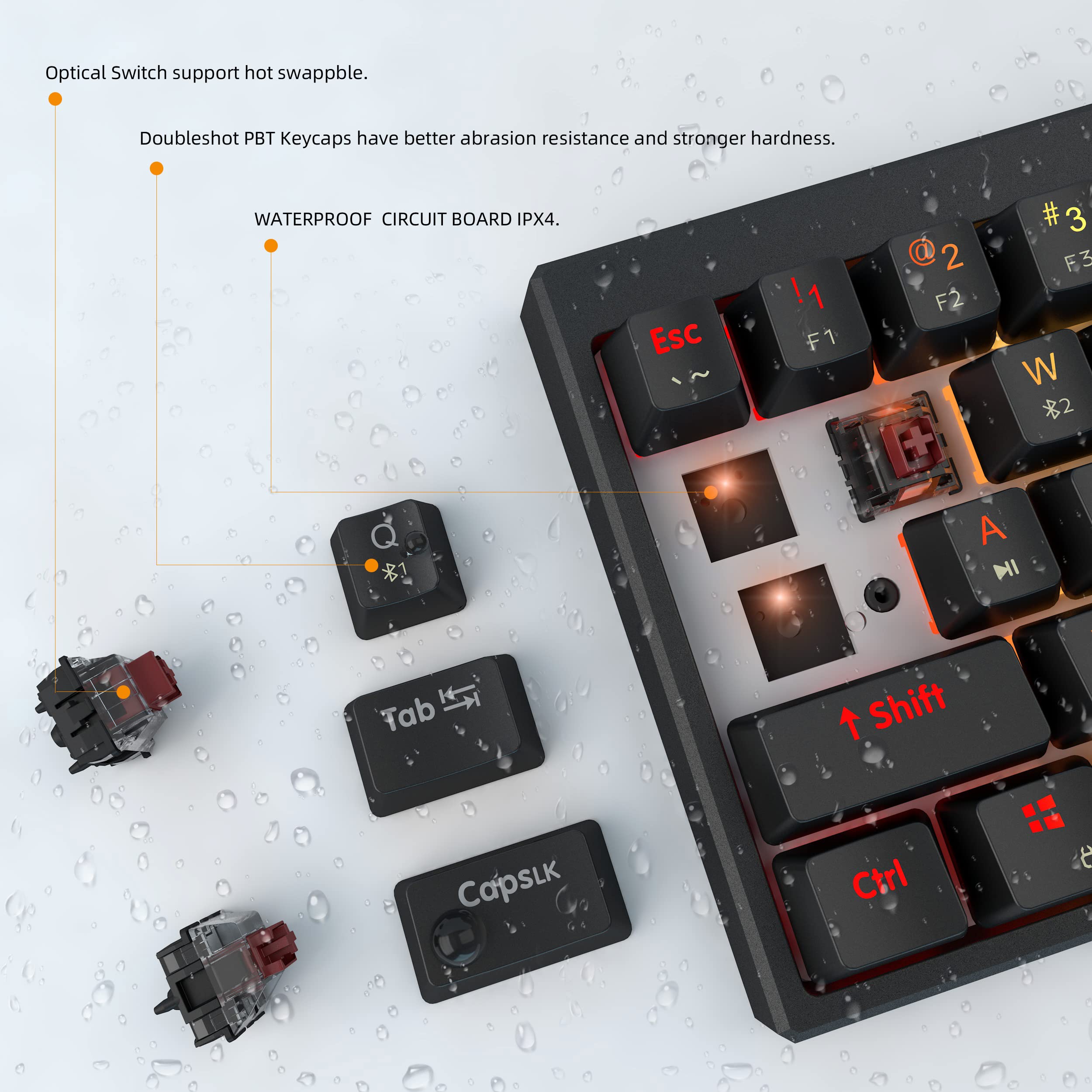 Ractous RTK63B 60% Wireless Mechanical Gaming Keyboard,RGB Blacklit PBT keycaps Type-C 63keys Bluetooth5.1/Wireless/Wried Gaming Keyboard for PC/Mac Gamers,Hot-Swap Optical Black Switch-Black