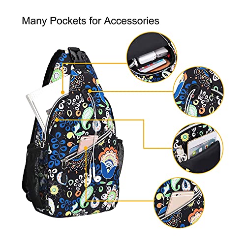 MOSISO Sling Backpack,Travel Hiking Daypack Pattern Rope Crossbody Shoulder Bag, Navy Blue Base Bohemian