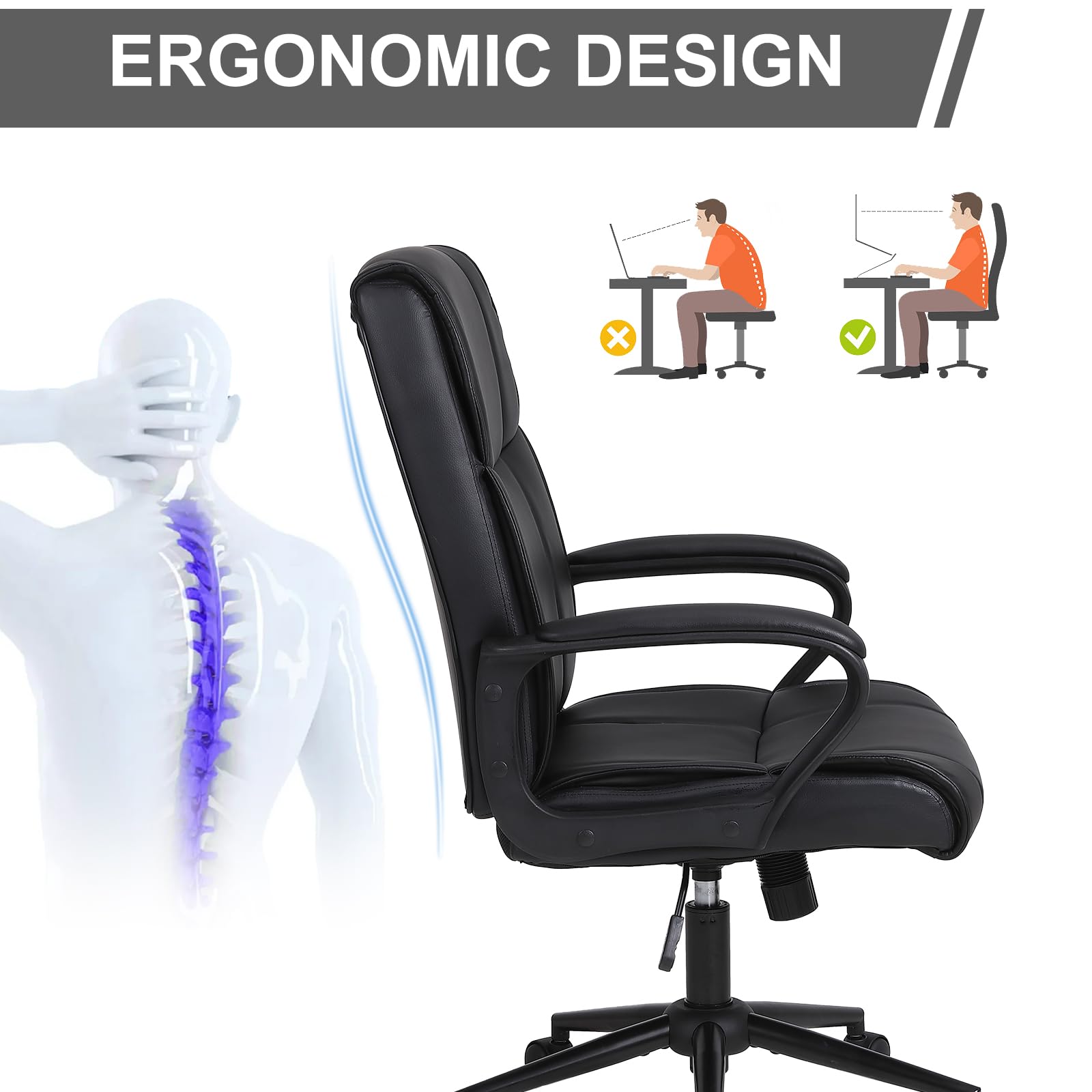 Nusetx Executive Office Chair, High Back Home Office Desk Chair, Swivel PU Leather Computer Chair with Padded Arms, Adjustable Height and Lumbar Support, Black