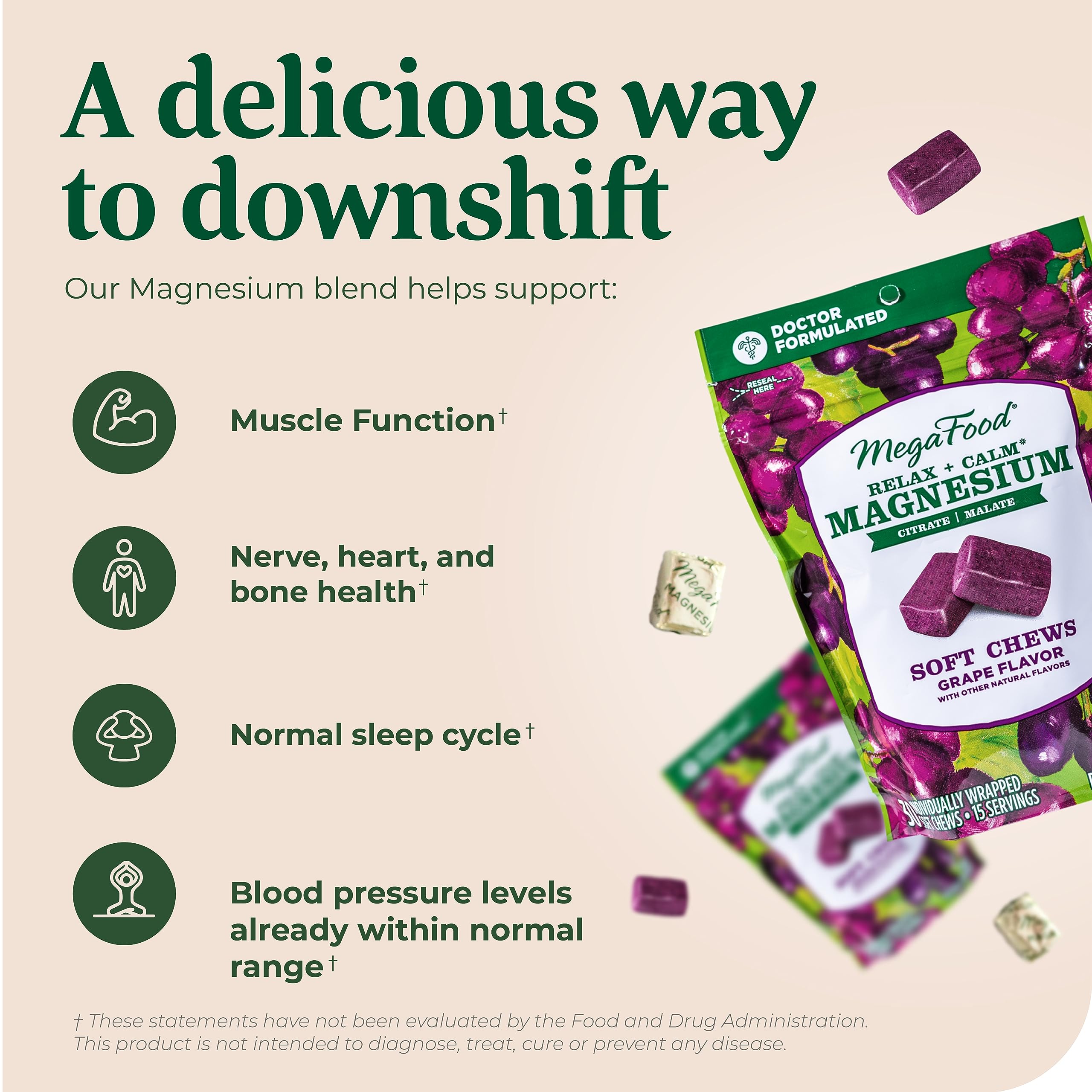 MegaFood Relax + Calm Magnesium Supplement - Soft Chews with Magnesium Citrate & Magnesium Malate for Heart Health, Muscle Tension & More - Vegetarian - Grape-Flavor - 30 Chews per Pack (Pack of 1)