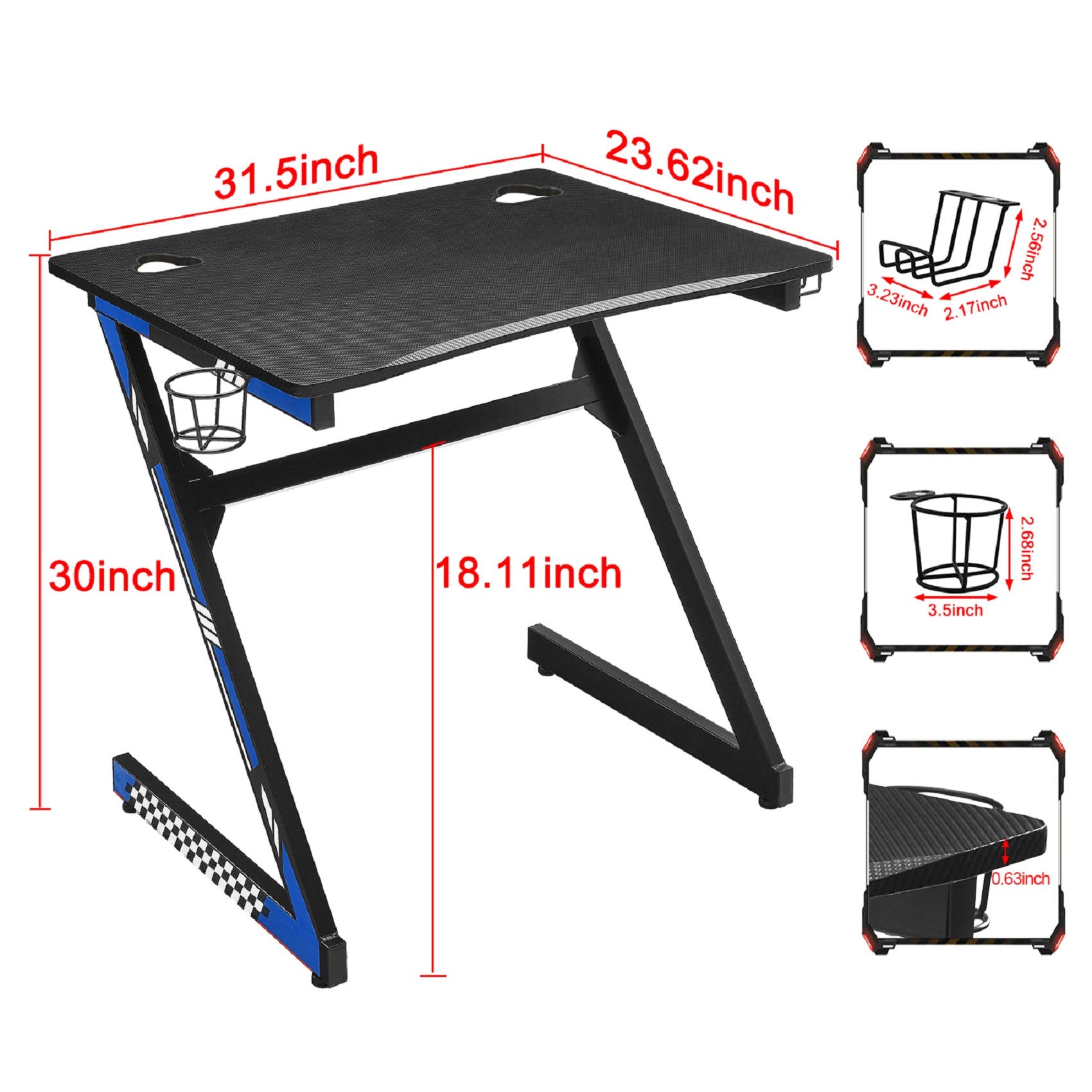 Mr IRONSTONE 31.5" Gaming Desk PC Computer Desk Home Office Student Table for Small Space Z-Shaped with Cup & Headphone Holder and 2 Cable Management Holes (Blue)