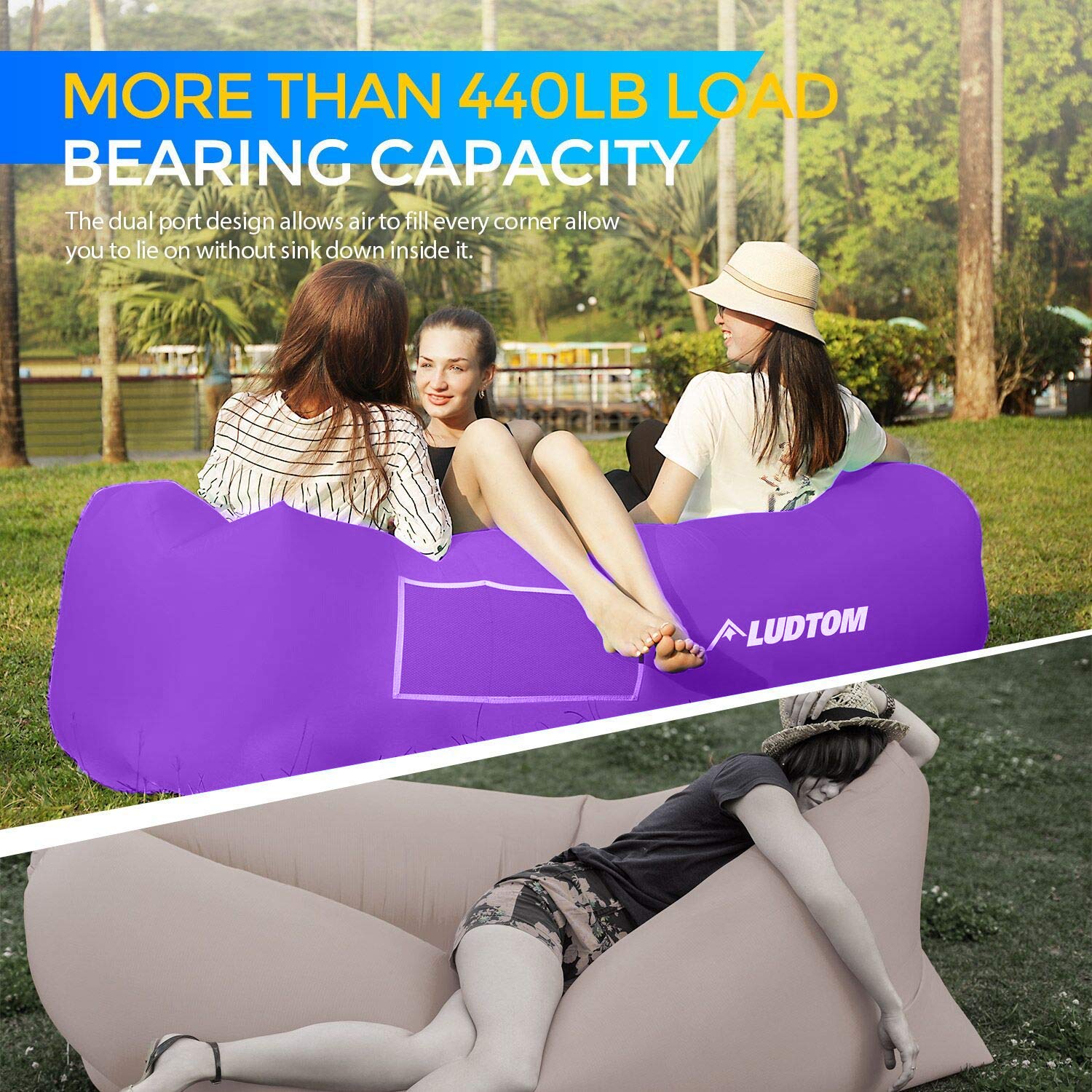 ludtom Inflatable Lounger Air Sofa Hammock, 440 lb Portable and Waterproof Ideal Inflatable Pouch Couch for Camping Gear and Accessories for Outdoors Pool Backyard Traveling