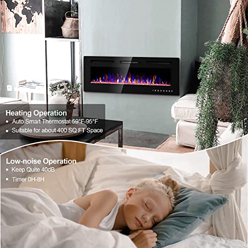 MEPTY 60" Electric Fireplace, Recessed and Wall Mounted Fireplace Insert, Fireplace Heater and Linear Fireplace with Remote Control, Timer, Adjustable Flame Color & Speed, Log Set & Crystal, Black