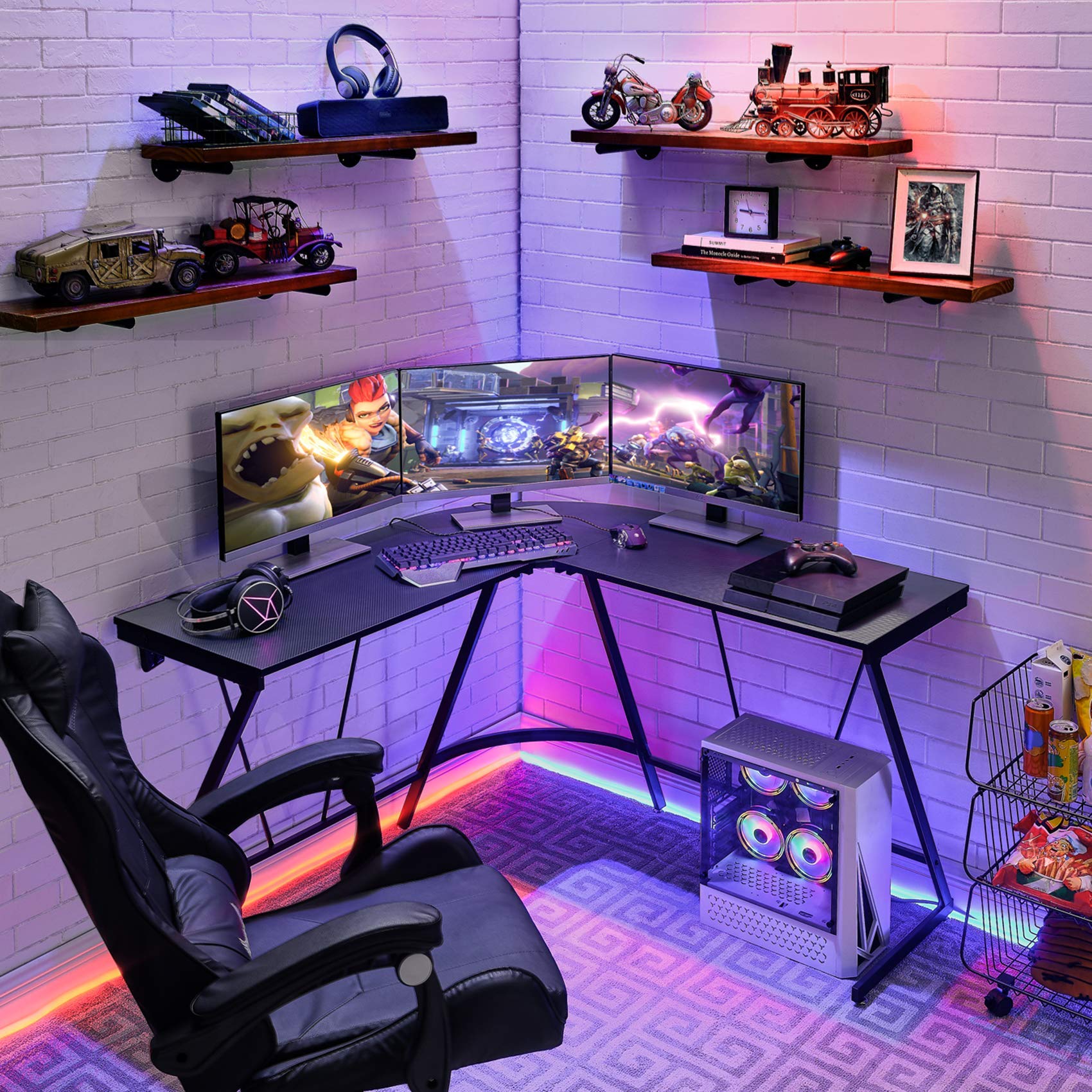 Mr IRONSTONE L Shaped Gaming Desk, 50.8'' Corner Computer Desk with Durable Carbon Fiber Surface, Home Office L Shaped Desk with Large Monitor Stand, Cup Holder & Headphone Hook