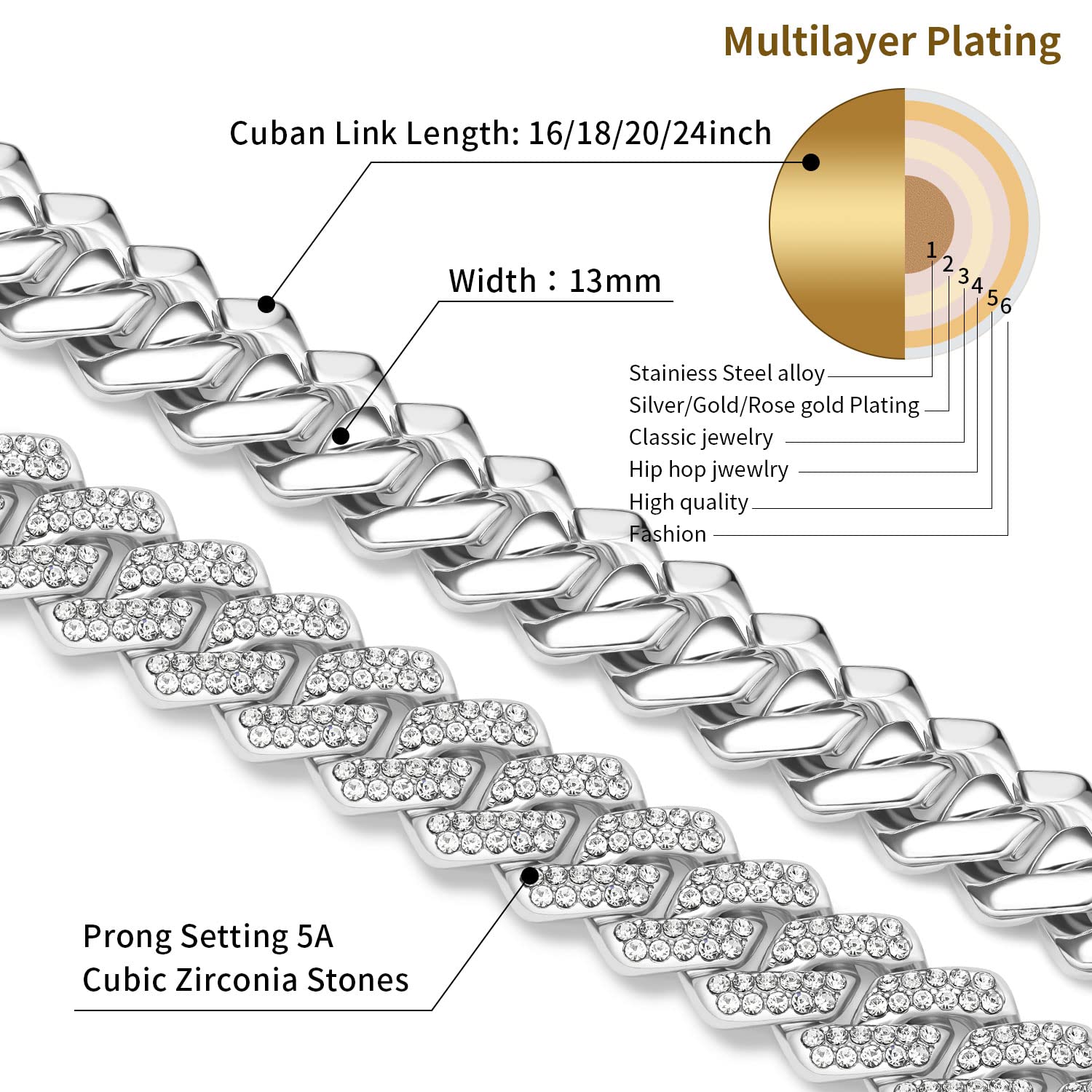 MOFEIJEWEL 13mm Cuban Link Chain For Men Women Iced Out Chain Miami Cuban Necklace Bling Diamond Chains Hip Hop Jewelry (Silver 20inch)