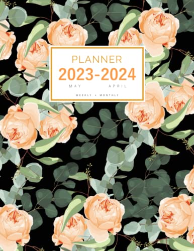 Planner 2023-2024: 8.5 x 11 Weekly and Monthly Organizer from May 2023 to April 2024 | Eucalyptus Branch Rose Flower Design Black