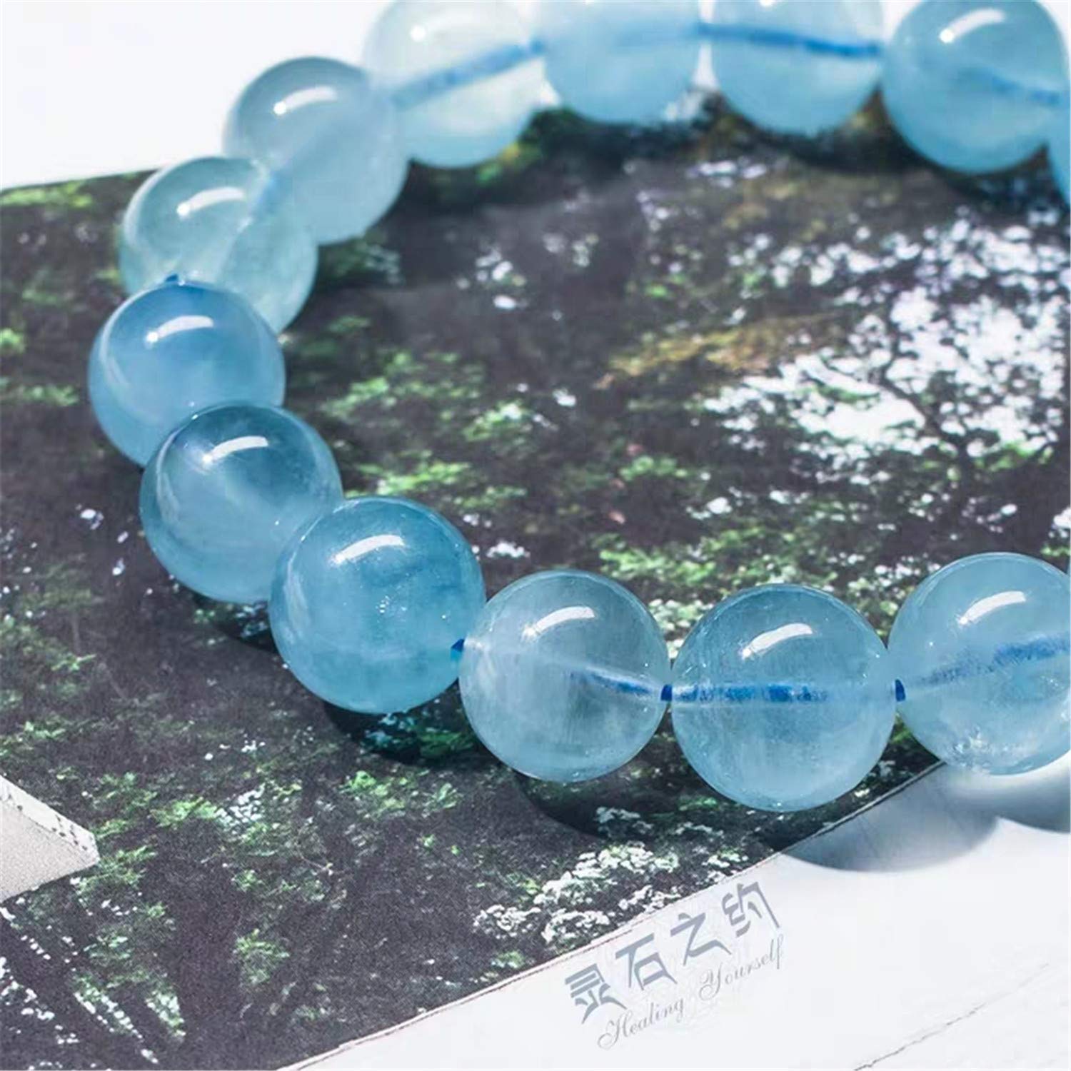 Muko Gemstone Genuine Natural Blue Aquamarine Crystal Stretch Clear Round Beads Women Men Bracelet 7-13mm AAAAA (7)