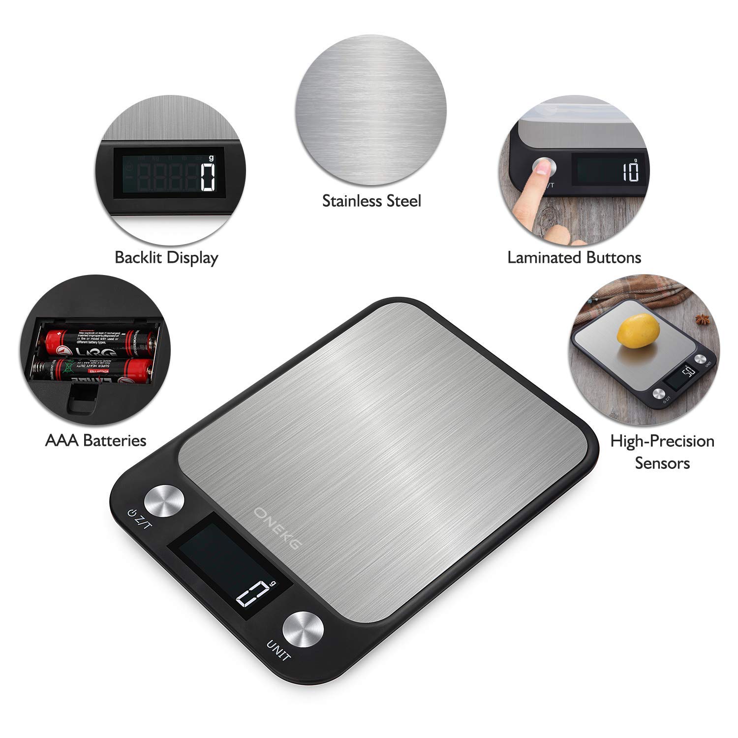 ONEKG 11lbs Food Scale, Digital Kitchen Scale Weight Ounces oz and Grams for Cooking and Baking, 7 Measurement Units with LCD Display, Small