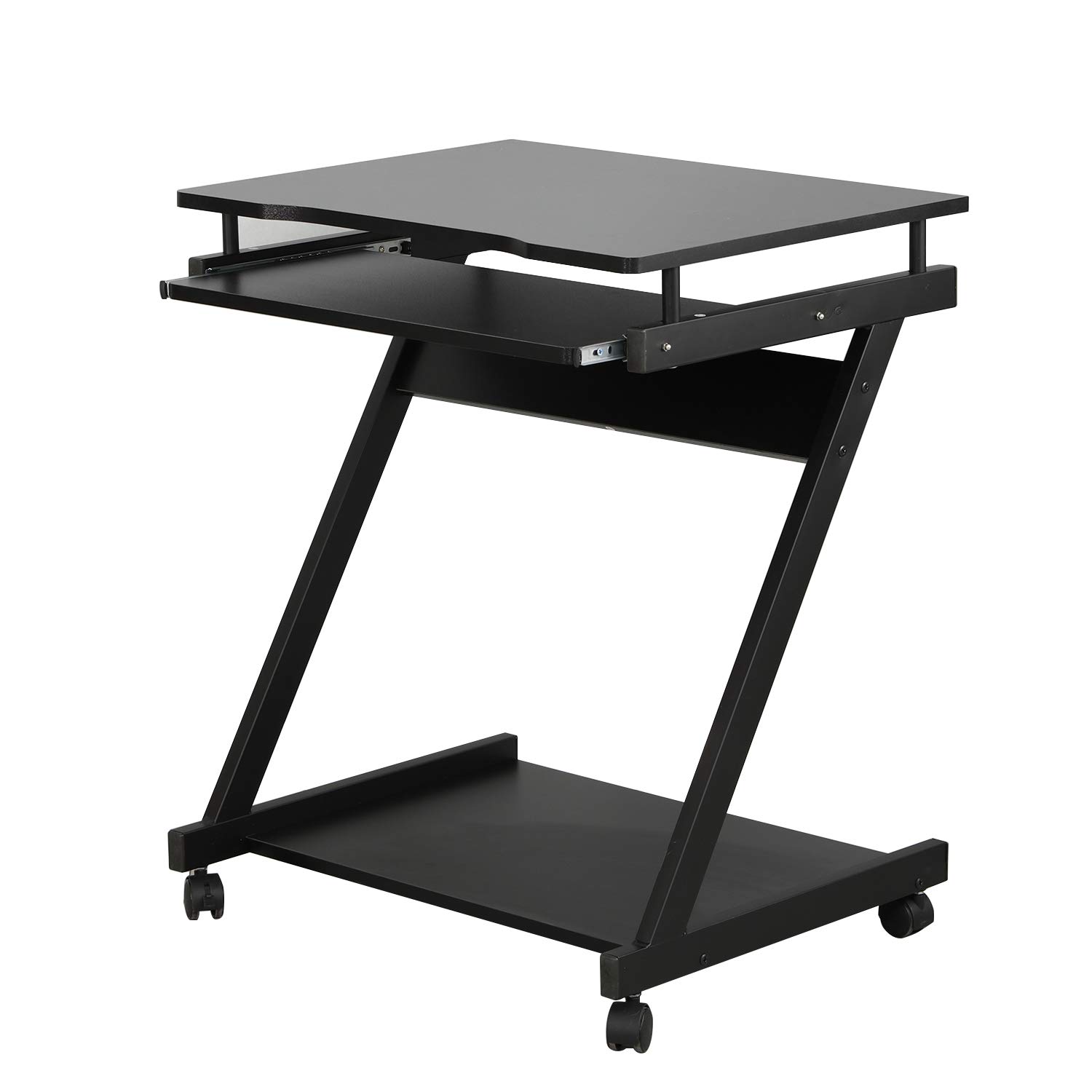 soges Small Rolling Computer Desk, Z Shape Laptop Desk Cart on Wheels, Mobile Computer Workstation for Home and Office with Keyboard Tray, Black