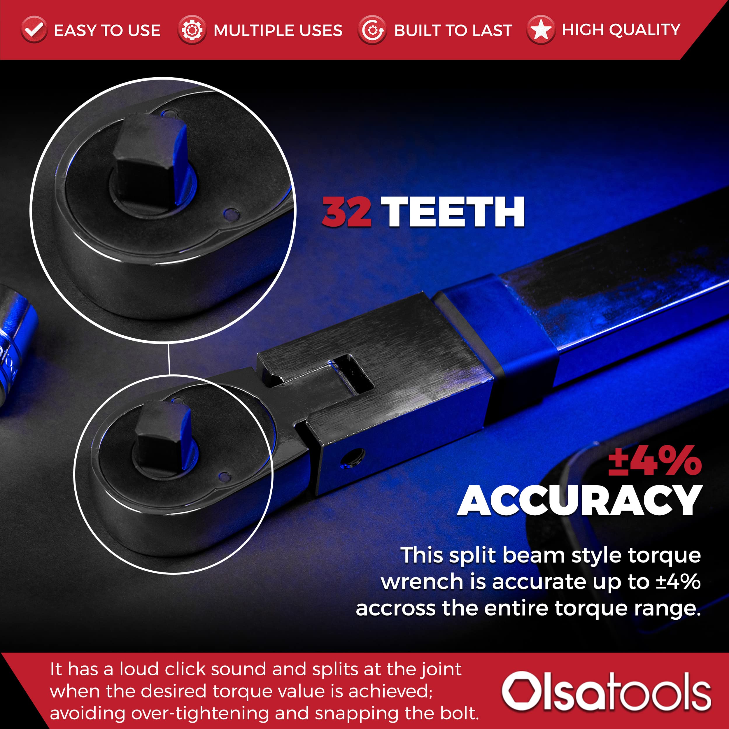 Olsa Tools Digital Torque Wrench, 1/2-Inch Drive (12.5-250 ft-lb Torque Range) | ±1% CW and ±2% CCW Torque Accuracy | Premium Ratcheting Adjustable Torque Wrench | Professional Grade