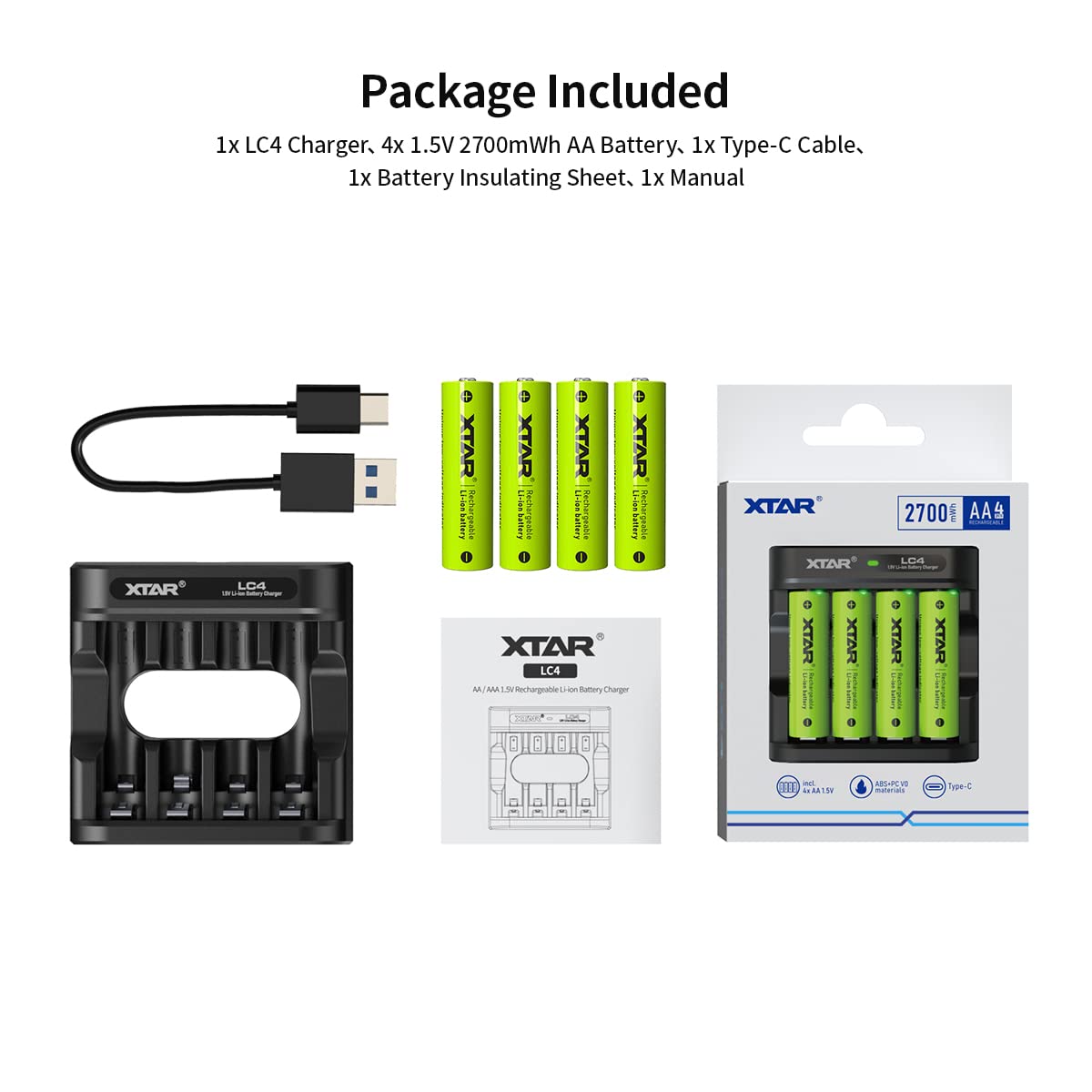 XTAR 1.5V AA Lithium Rechargeable Battery 2700mWh with Low-Voltage Indication AA Battery, 4-Pack 1.5V 1500 Cycle Unique LC4 Charger