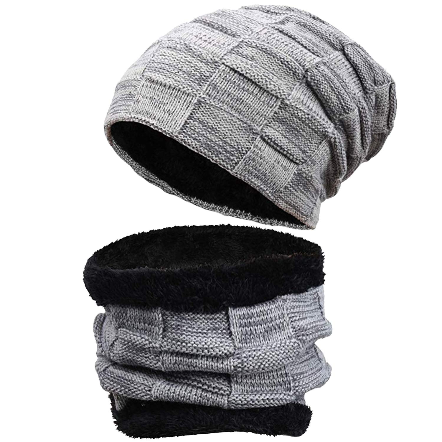 Newsfana Winter Beanie hat, Warm Knit Hat Scarf Set Thick Fleece Lined Winter Hat Skull Cap for Men Women (Gray)