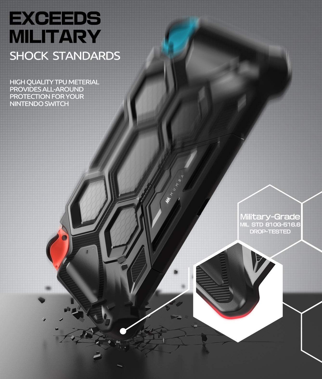 Mumba Protective Case for Nintendo Switch, [Battle Series] Heavy Duty Grip Cover for Nintendo Switch Console with Comfort Padded Hand Grips and Kickstand (Black)
