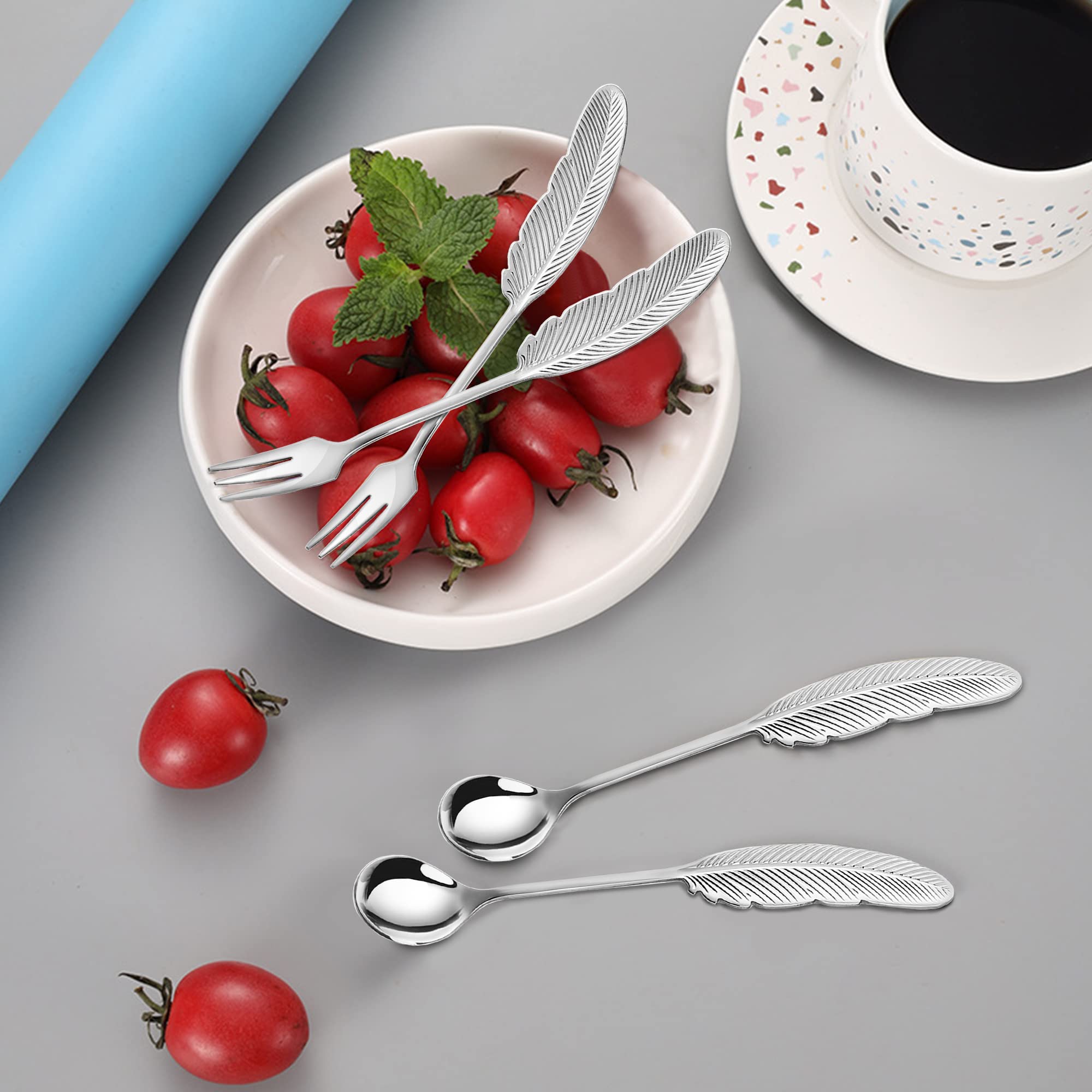 Teaspoons & Dessert Forks Set Feather Shape 18/10 Stainless Steel, Cute Silver Espresso Flatware Set for Dessert Coffee Ice Cream Pudding Condiment, 4pcs Tea Stirring Spoons & 4pcs Appetizer Forks