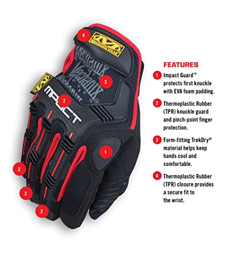 Mechanix Wear: M-Pact Work Gloves with Secure Fit, Work Gloves with Impact Protection and Vibration Absorption, Safety Gloves for Men (Black/Red, Large)