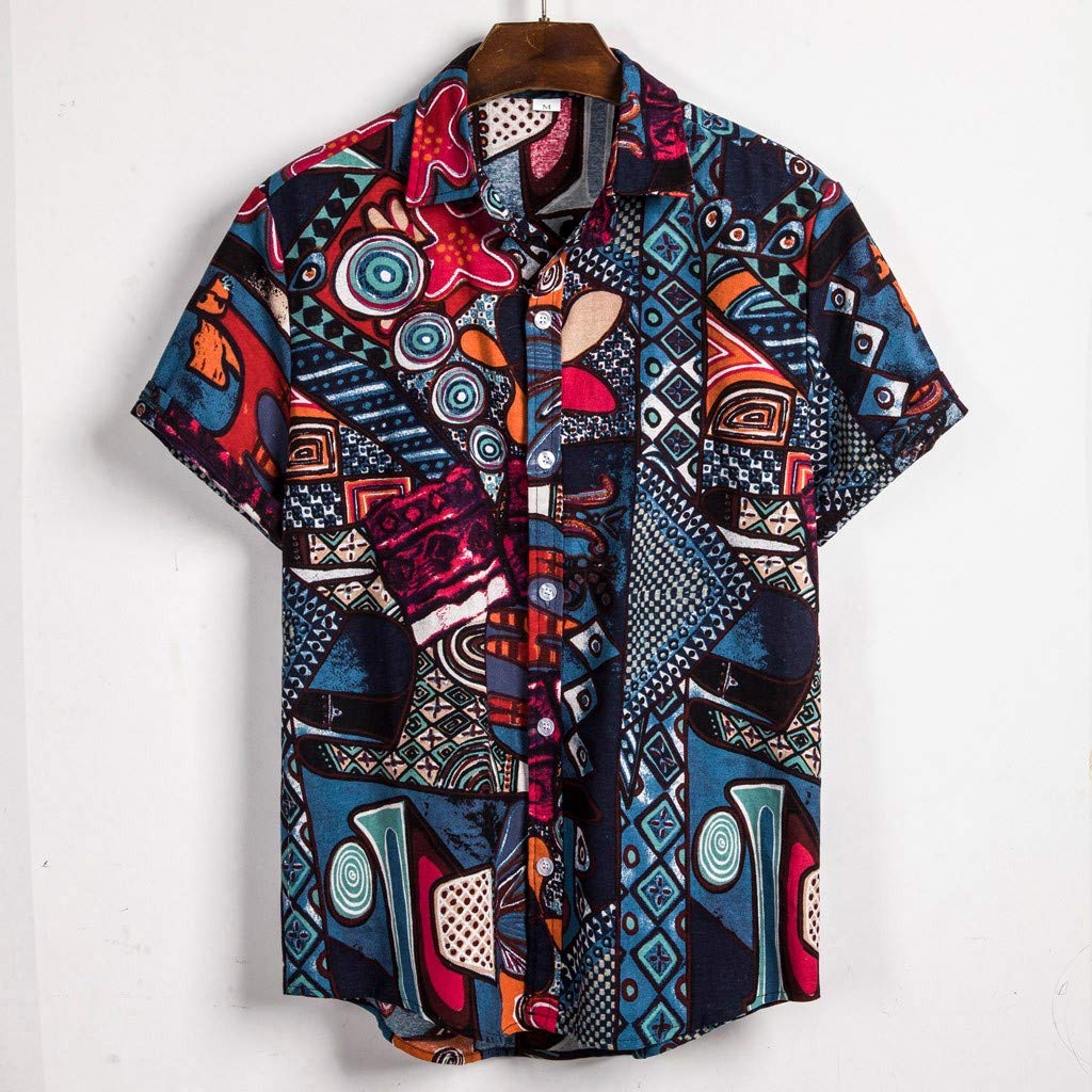Men's Hawaiian Cotton Linen Printed Short Sleeve Henley Shirts Bohemian Tops
