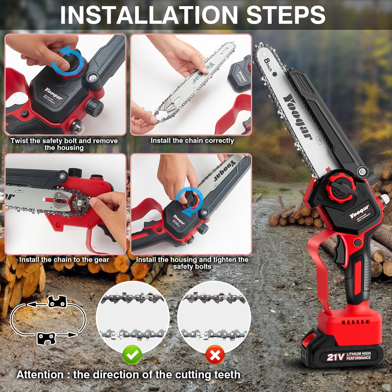Mini Chainsaw, 8 Inch Cordless Electric Chain Saw, 2000mAh Battery Powered Chainsaw with 2 BATTERIES & 2 CHAINS, Portable One-Hand ChainSaw Pruning Tree Branches for Courtyard,Household&Garden