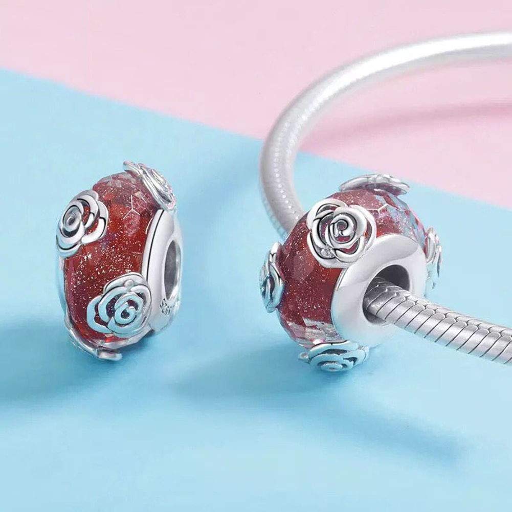 Murano Glass Charms Bead Sterling Silver Core for European Charm Bracelets Flower … (Rose Glass Charm)