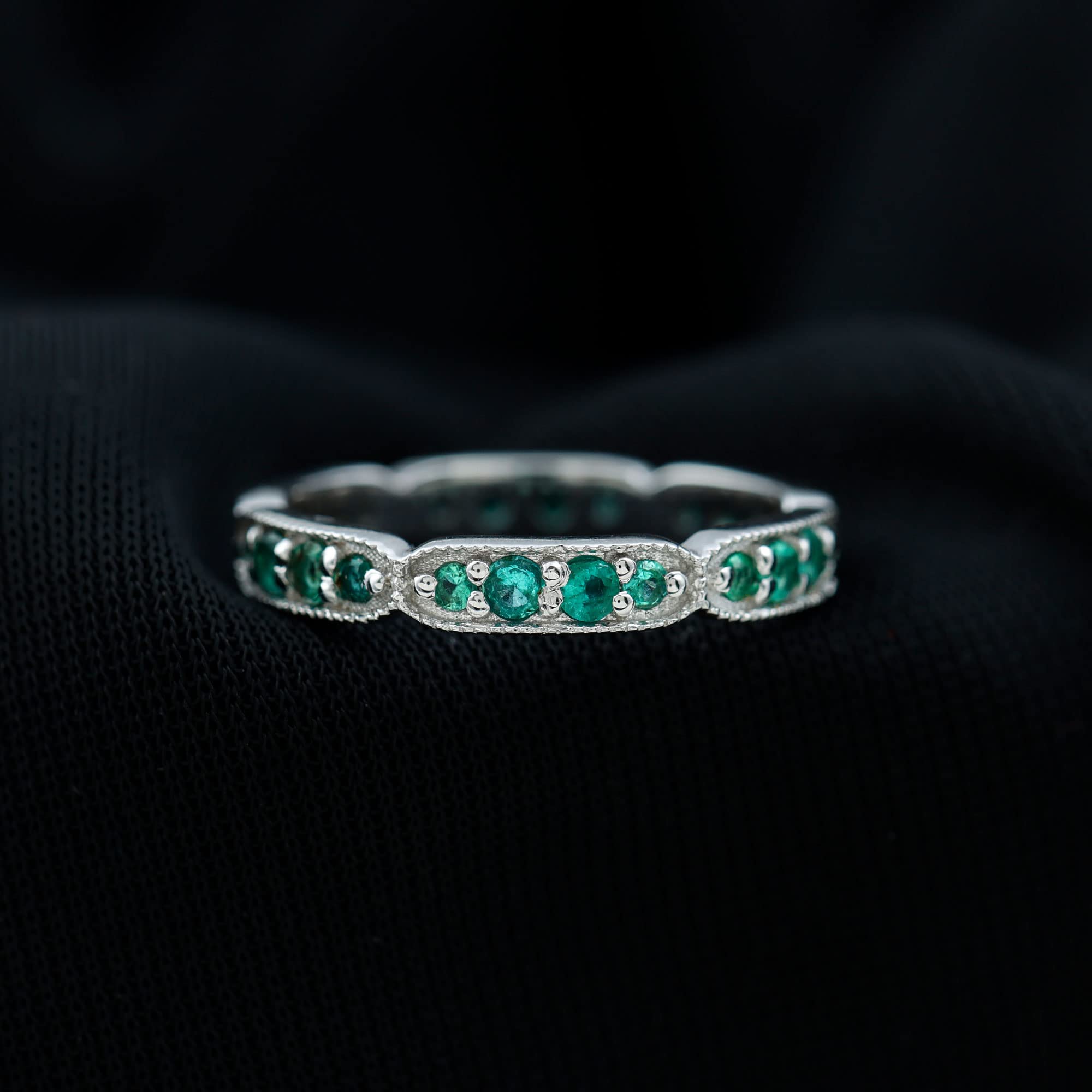 Real Emerald Eternity Milgrain Wedding Anniversary Band Ring for Women, 1.25 cttw, May Birthstone, 14K White Gold, Size:US 5.00