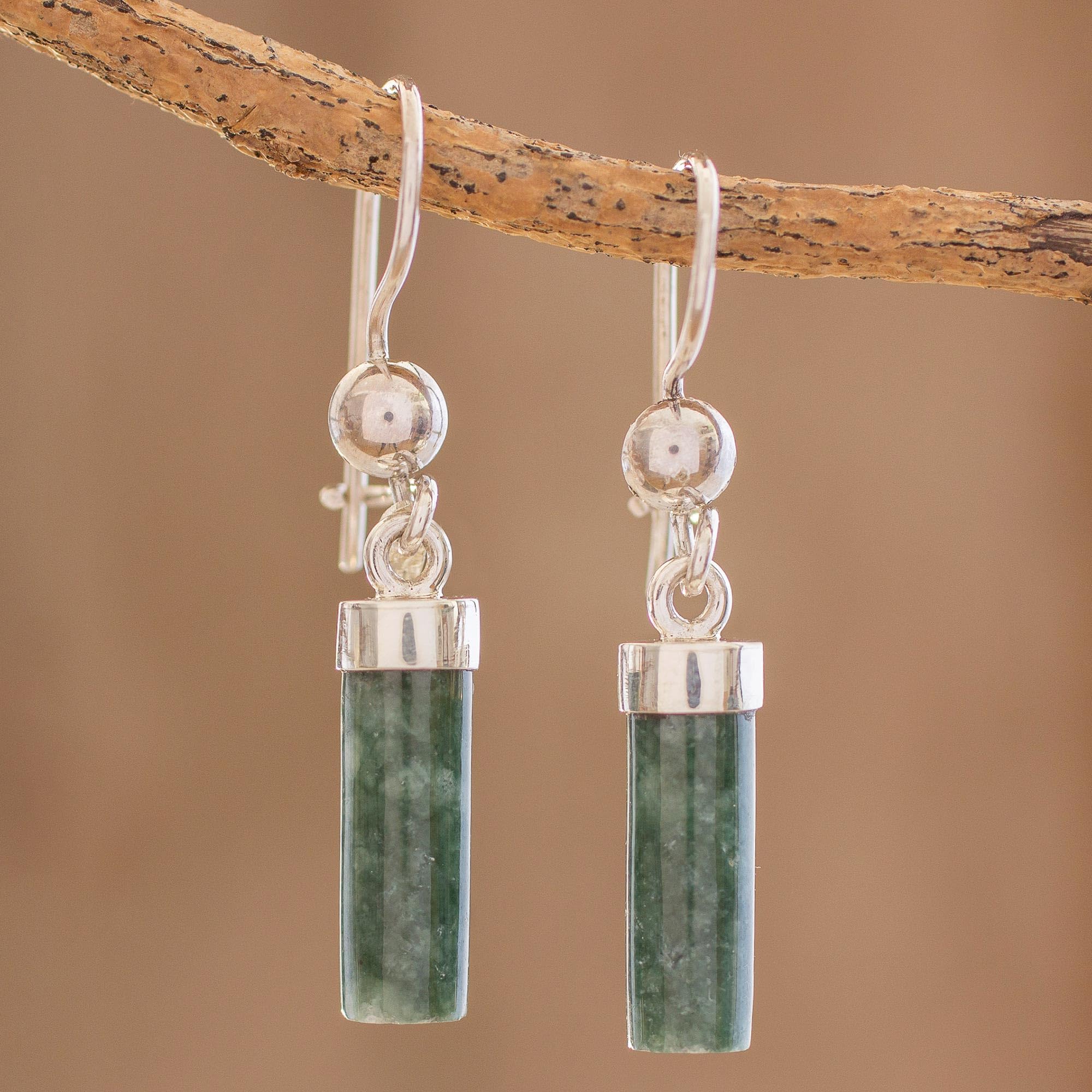 NOVICA Artisan Jade Dangle Earrings Green Cylindrical from Guatemala Sterling Silver [1.4 in L x 0.2 in W x 0.2 in D] ' Green Mayan Pillars'