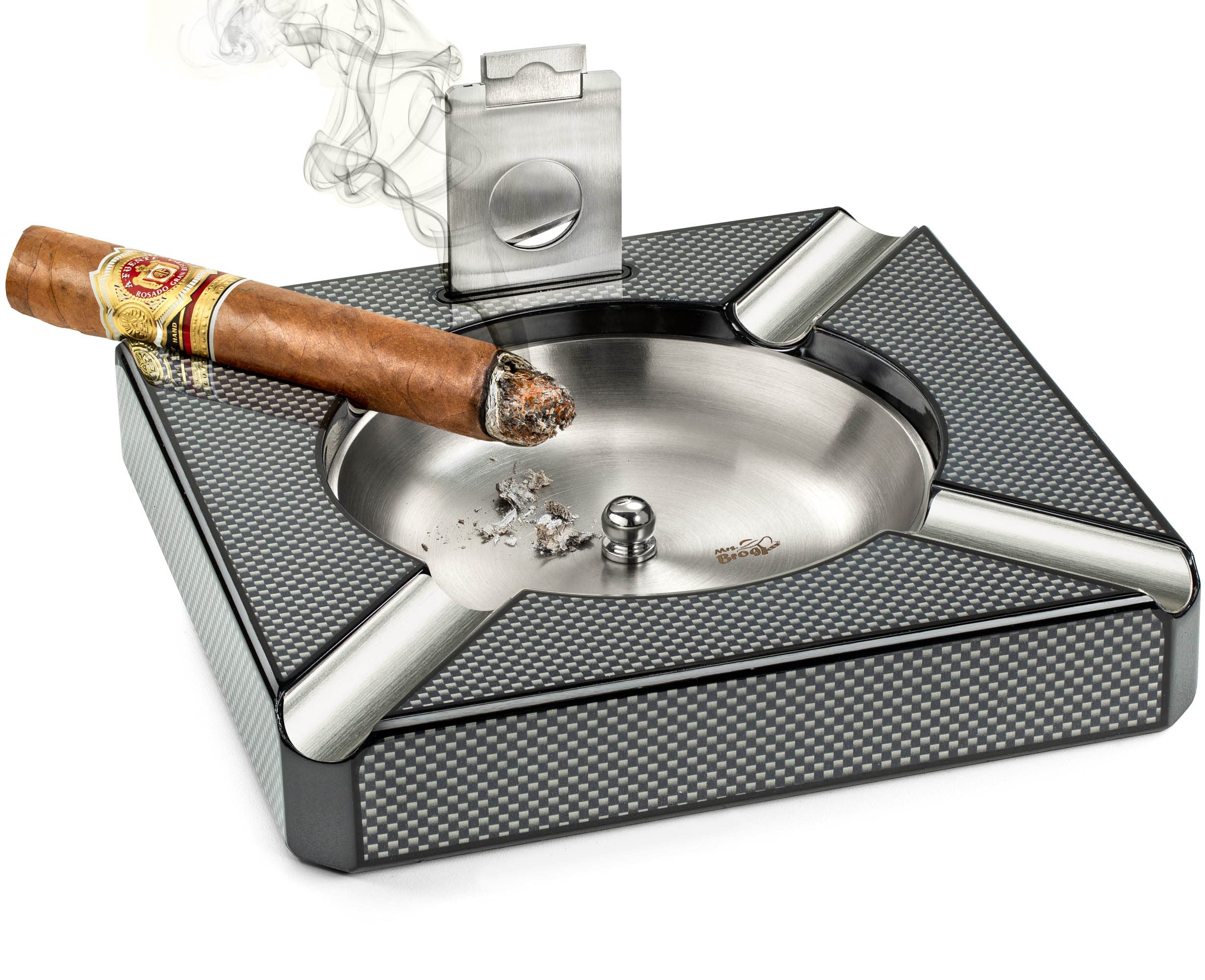 Mrs. Brog Cigar Ashtray with Built-In Cigar Cutter - Holds 4 Cigars - Removable Stainless Steel Bowl - Easy To Clean - Large Ashtray - Perfect Cigar Gift