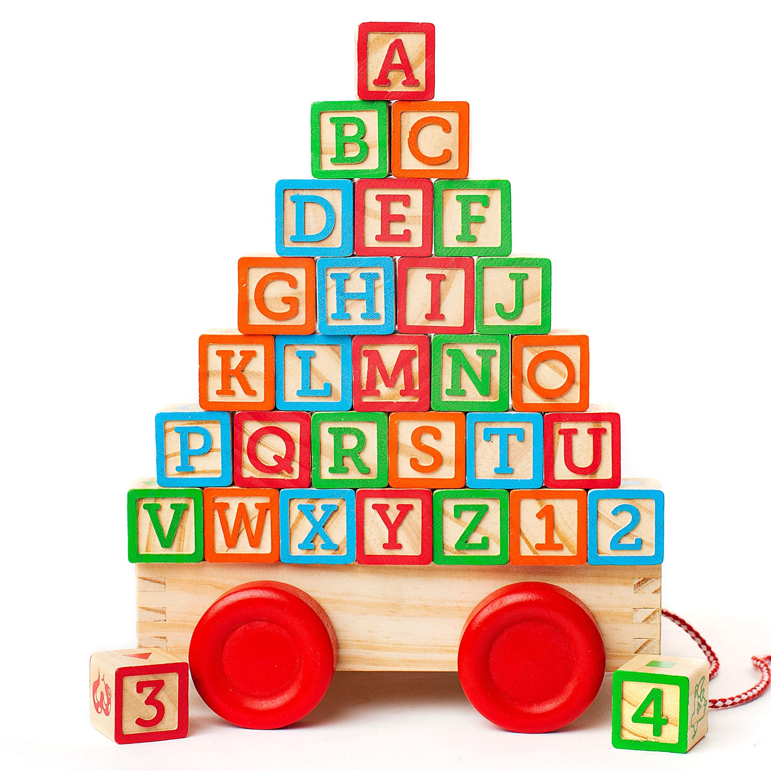 Oaktown Supply Building Blocks for Toddlers 1-3 Years Old, 30 Large Stackable Wooden Baby Blocks with Alphabet and Number Icons on Every Side, Toy Wagon Included