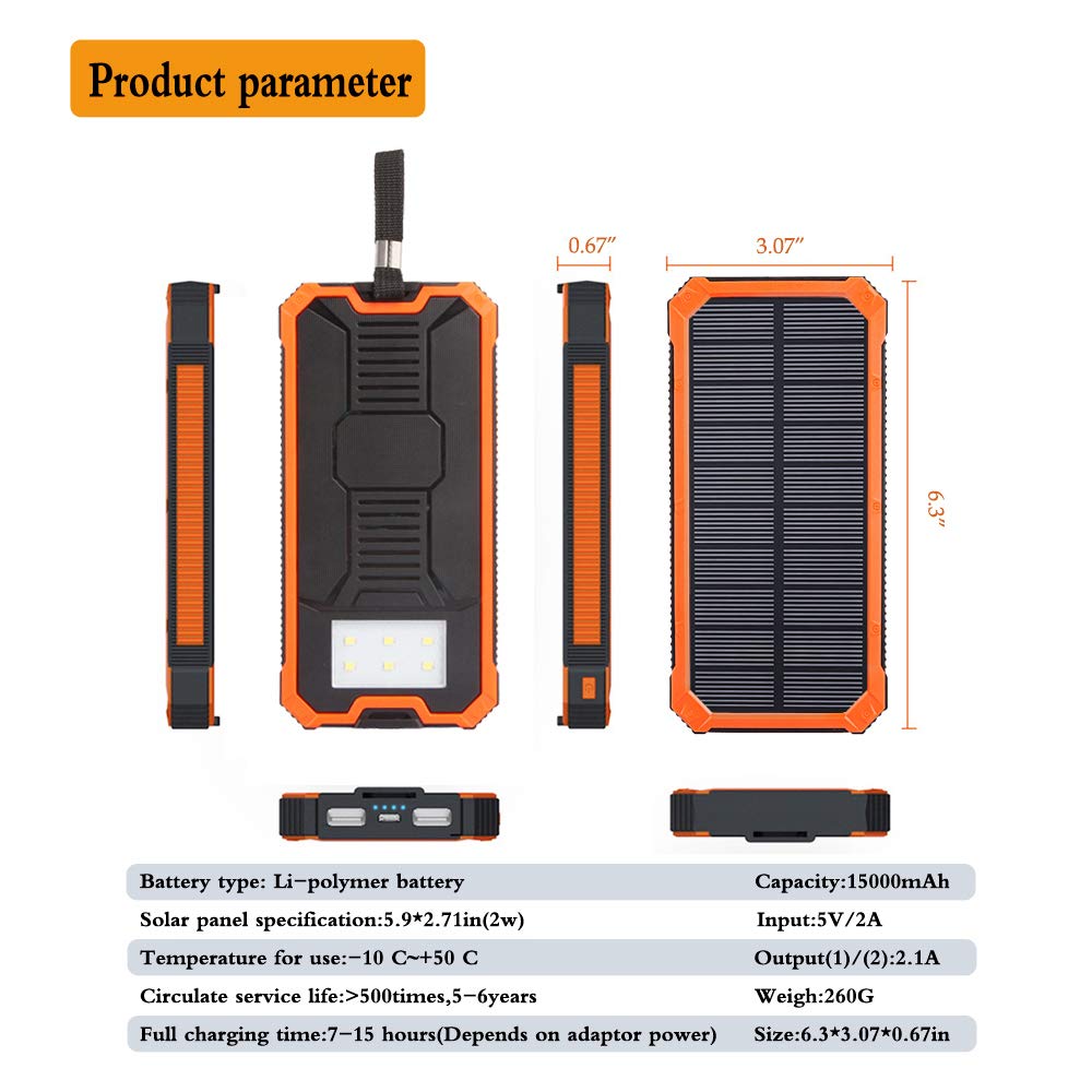 Solar Charger Power Bank, 15,000mAh External Battery Pack with Dual USB Ports and 6 LED Strong Light Flashlight,for iPhone, Smartphones, Tablets, Digital Cameras and More.