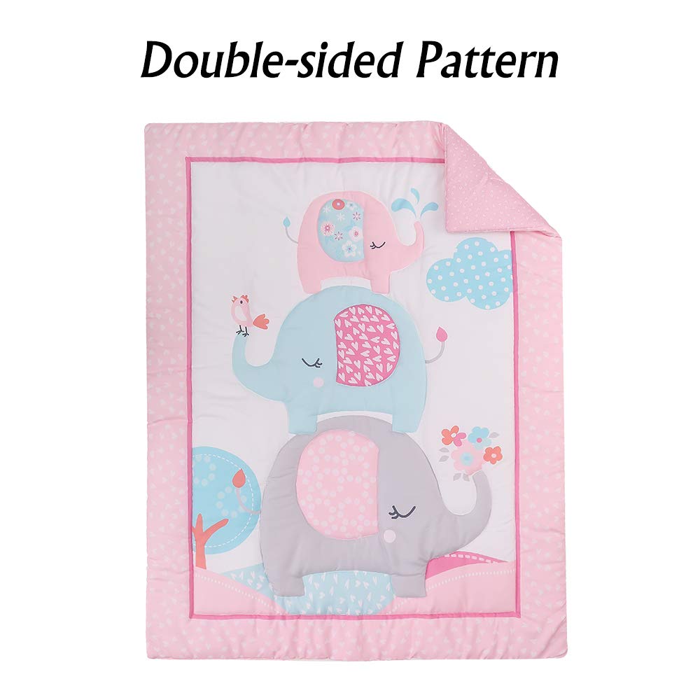 Pink Elephant Baby Crib Bedding Set 3 Pieces Baby Nursery Bedding Sets for Girls with Baby Comforter,Crib Fitted Sheet, Crib Skirt