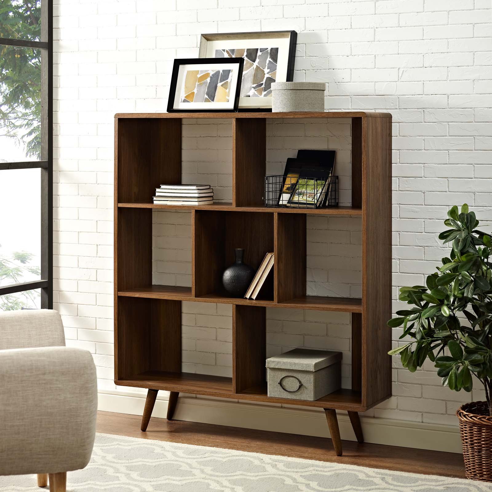 Modway Transmit Mid-Century Offset Cube Wood Bookcase in Walnut & Render Mid-Century Modern Two-Tier Display Stand in Walnut