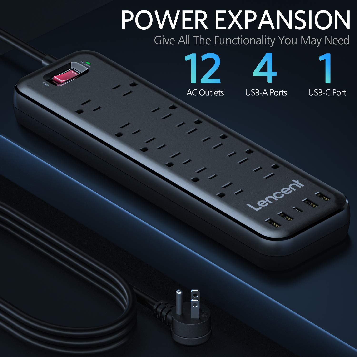 Power Strip, LENCENT Surge Protector with 12 Outlets & 5 USB Ports(4 USB-A & 1 USB-C), 6Ft Extension Cord (1875W/15A,3600J), Overload Protection, Mountable Flat Plug Power Bar Heavy Duty- ETL Listed
