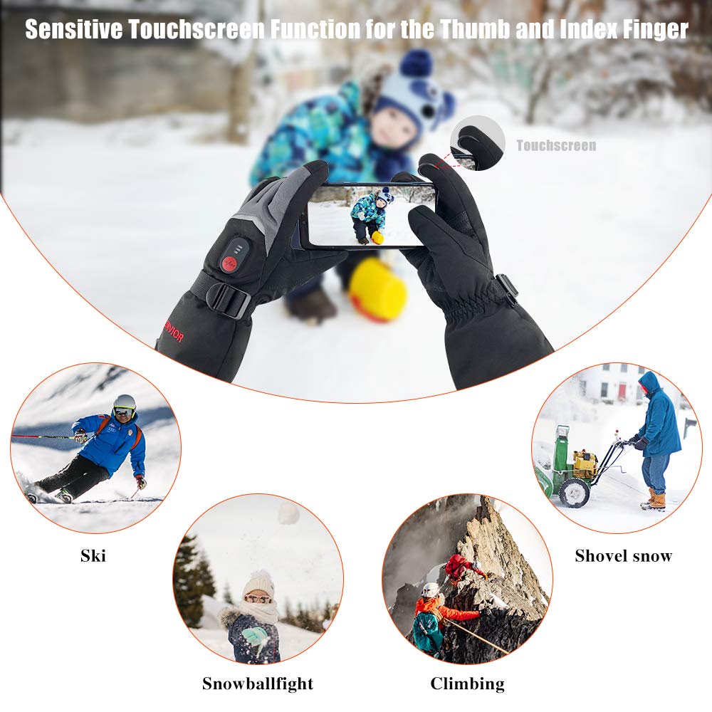 Rechargeable Heated Gloves Battery Electric Ski Gloves with 3 Heating Levels Touchscreen Waterproof Gloves for Men & Women
