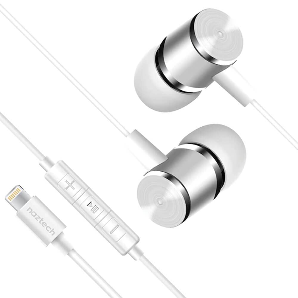 Naztech Platinum MFi Lightning Earphones w/Superior Acoustics & In-Line Remote + Noise Cancelling Mic Compatible For all iPhones /iPads + More [White]