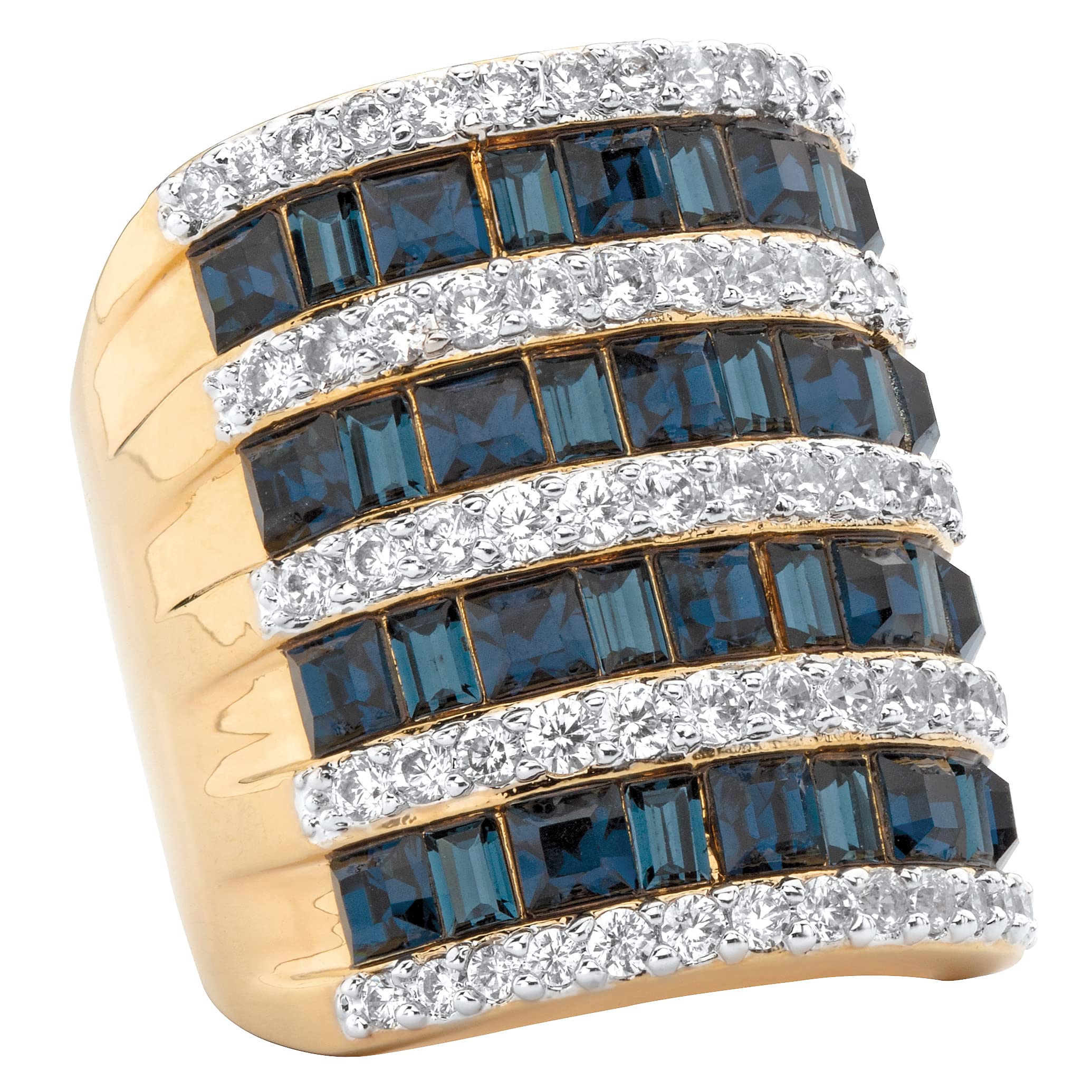 PalmBeach Jewelry 14K Yellow Gold Plated Princess Cut Pink or Blue and White Cubic Zirconia Channel Set Multi Row Ring Size 8